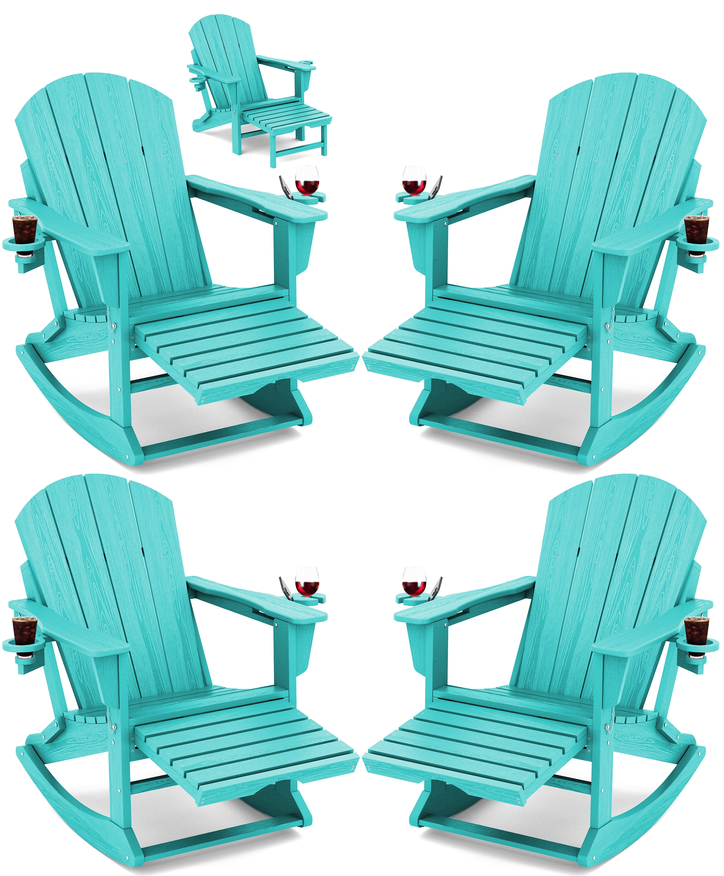 KINGYES Adirondack Rocking Chair Set of 4 with Retractable Ottoman and ...