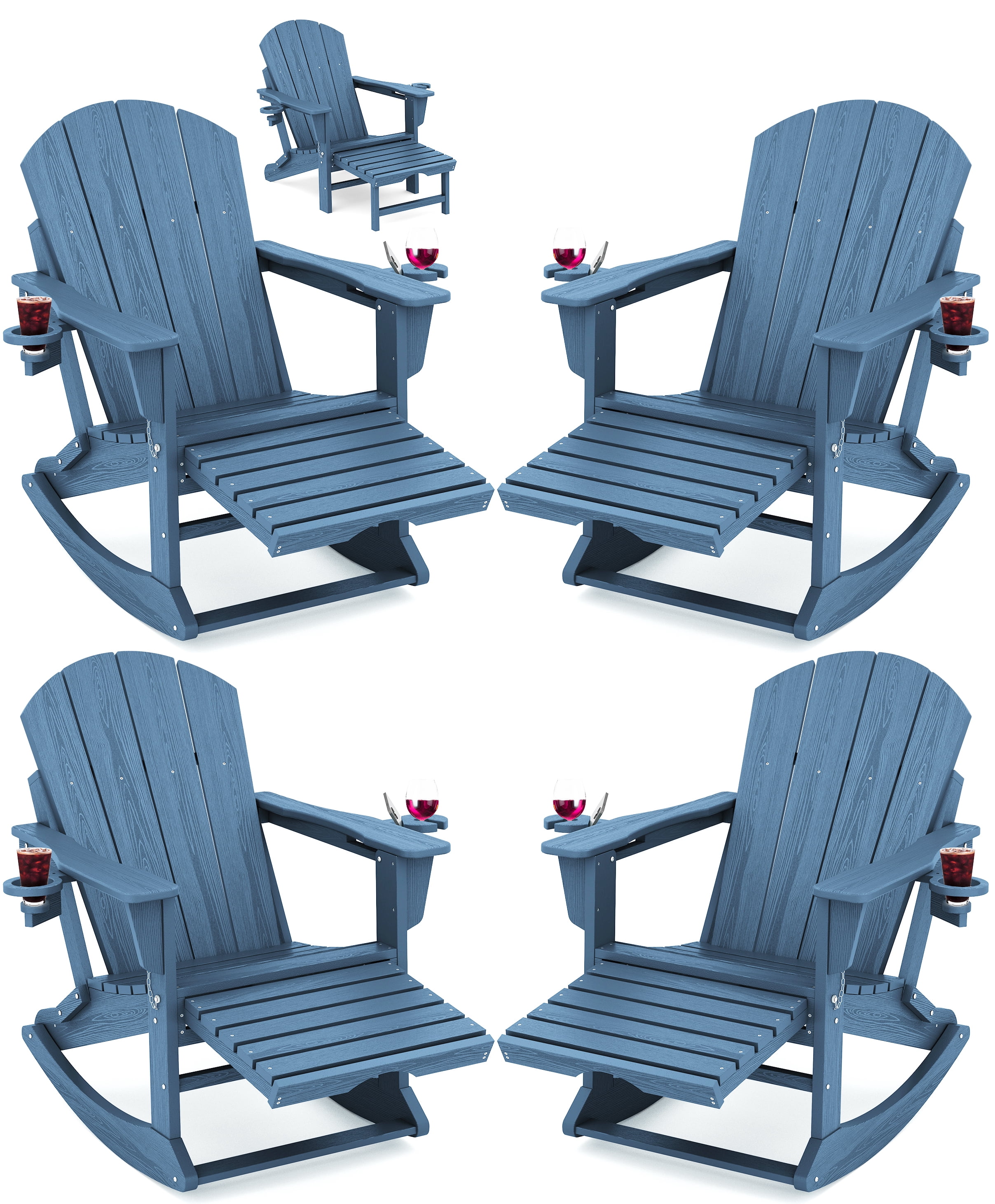 KINGYES Adirondack Rocking Chair Set of 4 with Retractable Ottoman and ...