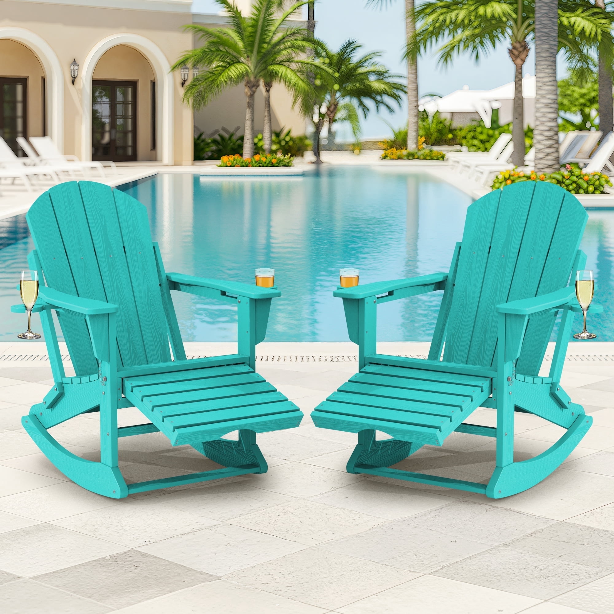 KINGYES Folding Adirondack Rocker Chair Set of 2 W/ Footrest & Dual Cup ...