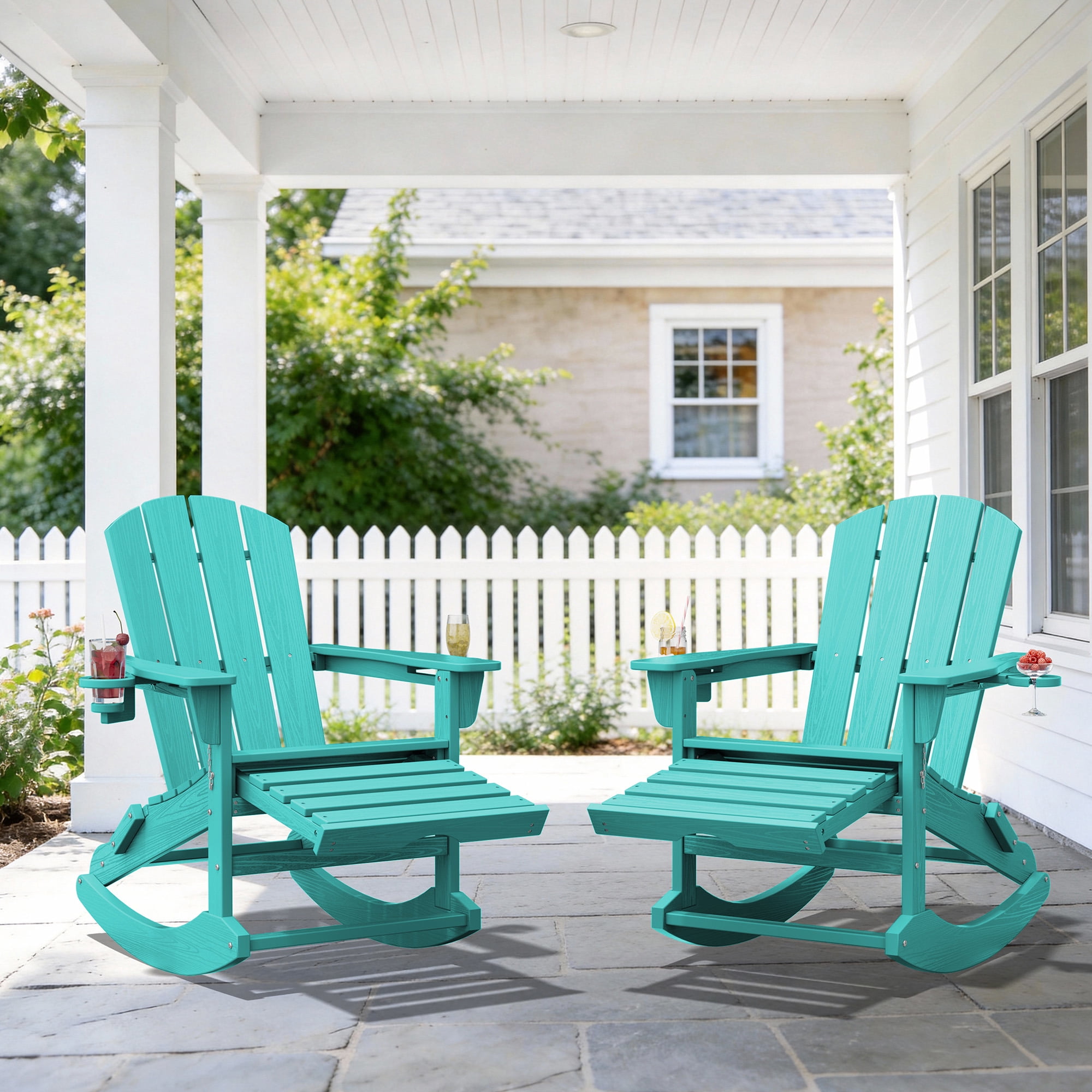 KINGYES Folding Adirondack Rocker Chair Set of 2 W/ Footrest & Dual Cup ...