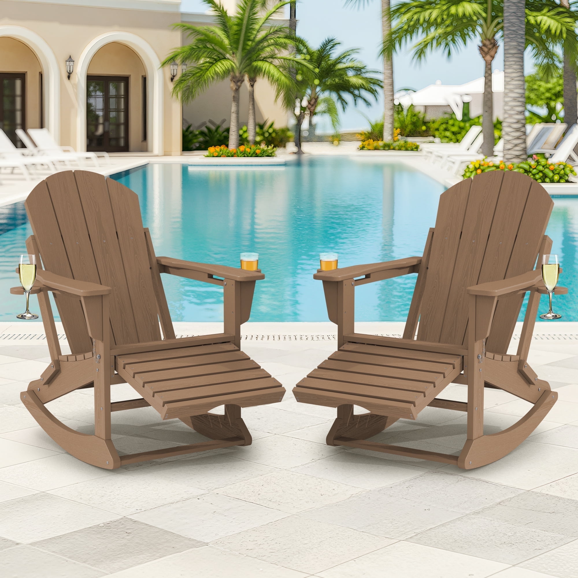 KINGYES Folding Adirondack Rocking Chair Set of 2, Brown, HDPE Outdoor ...