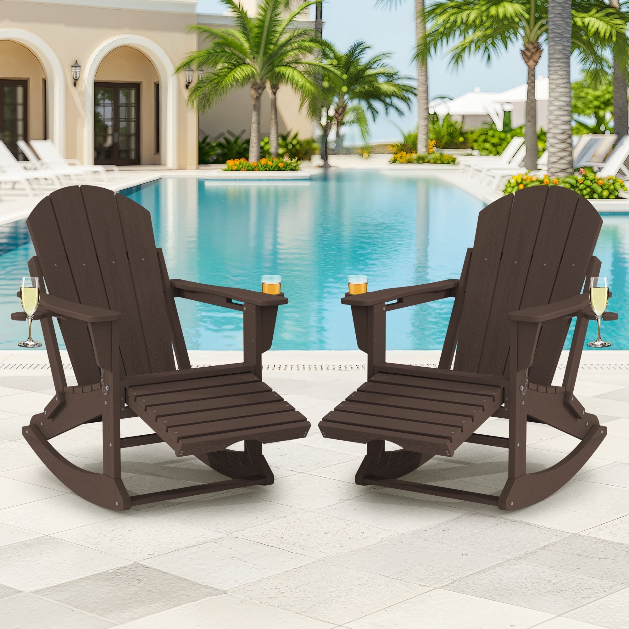 KINGYES Folding Adirondack Rocker Chair Set of 2 W/ Footrest & Dual Cup ...