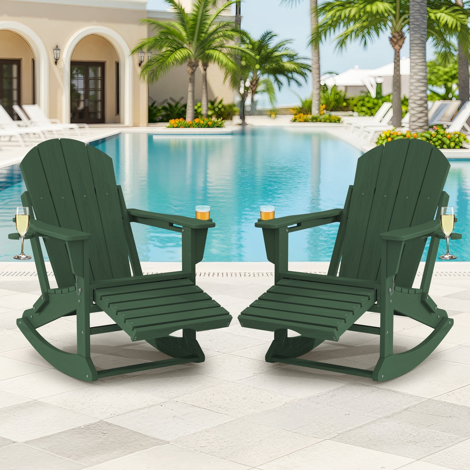 KINGYES Folding Adirondack Rocker Chair Set of 2 W/ Footrest & Dual Cup ...
