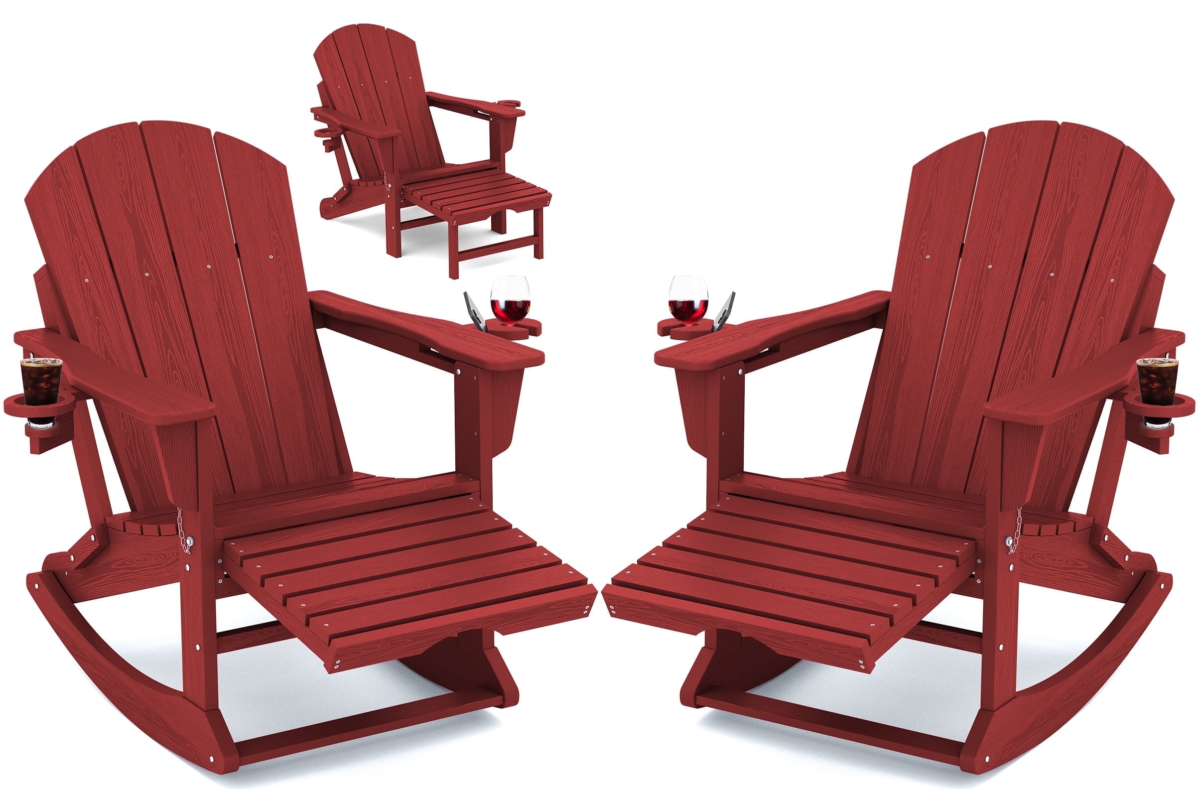 KINGYES Folding Adirondack Rocker Chair Set of 2 W/ Footrest & Dual Cup ...