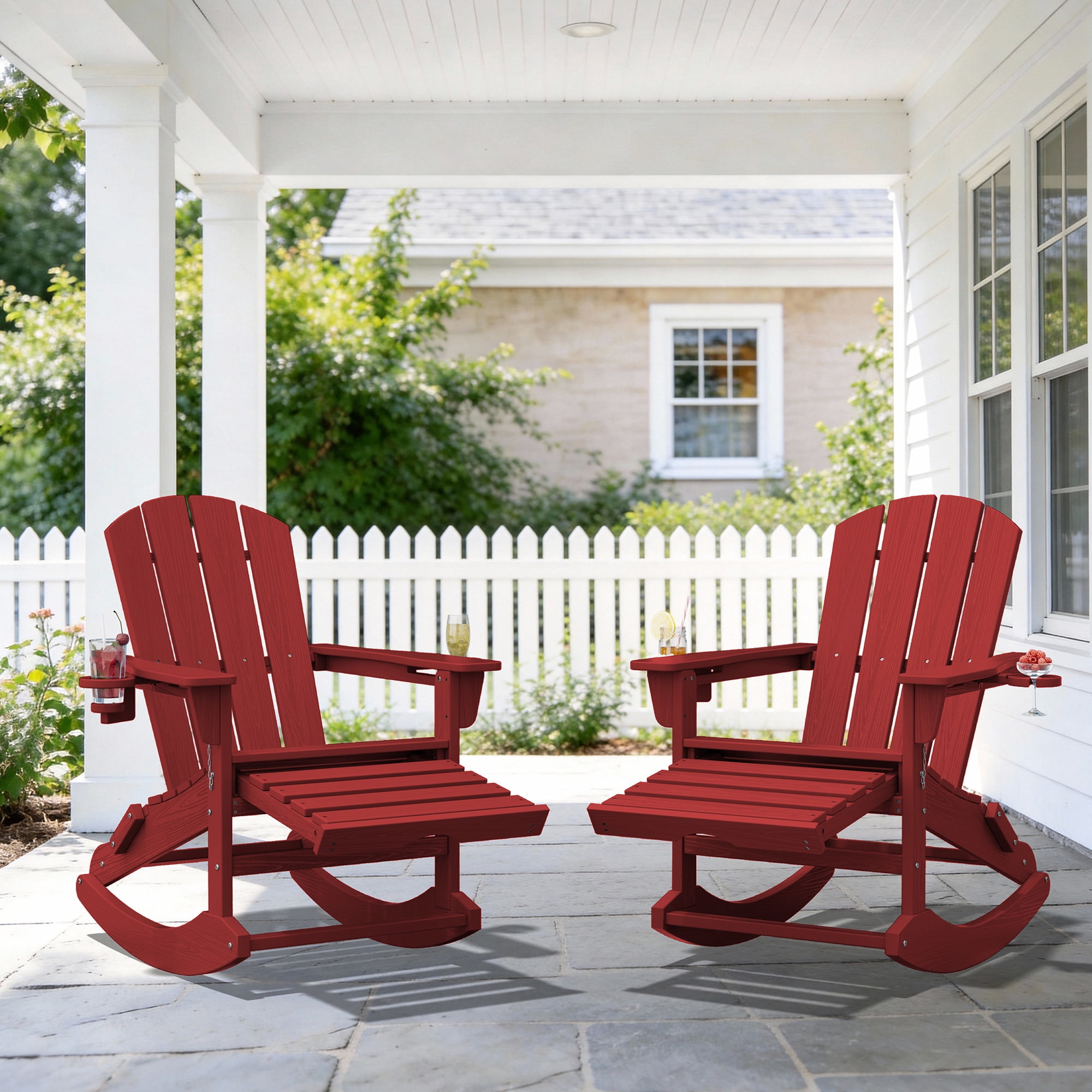 KINGYES Folding Adirondack Rocker Chair Set of 2 W/ Footrest & Dual Cup ...