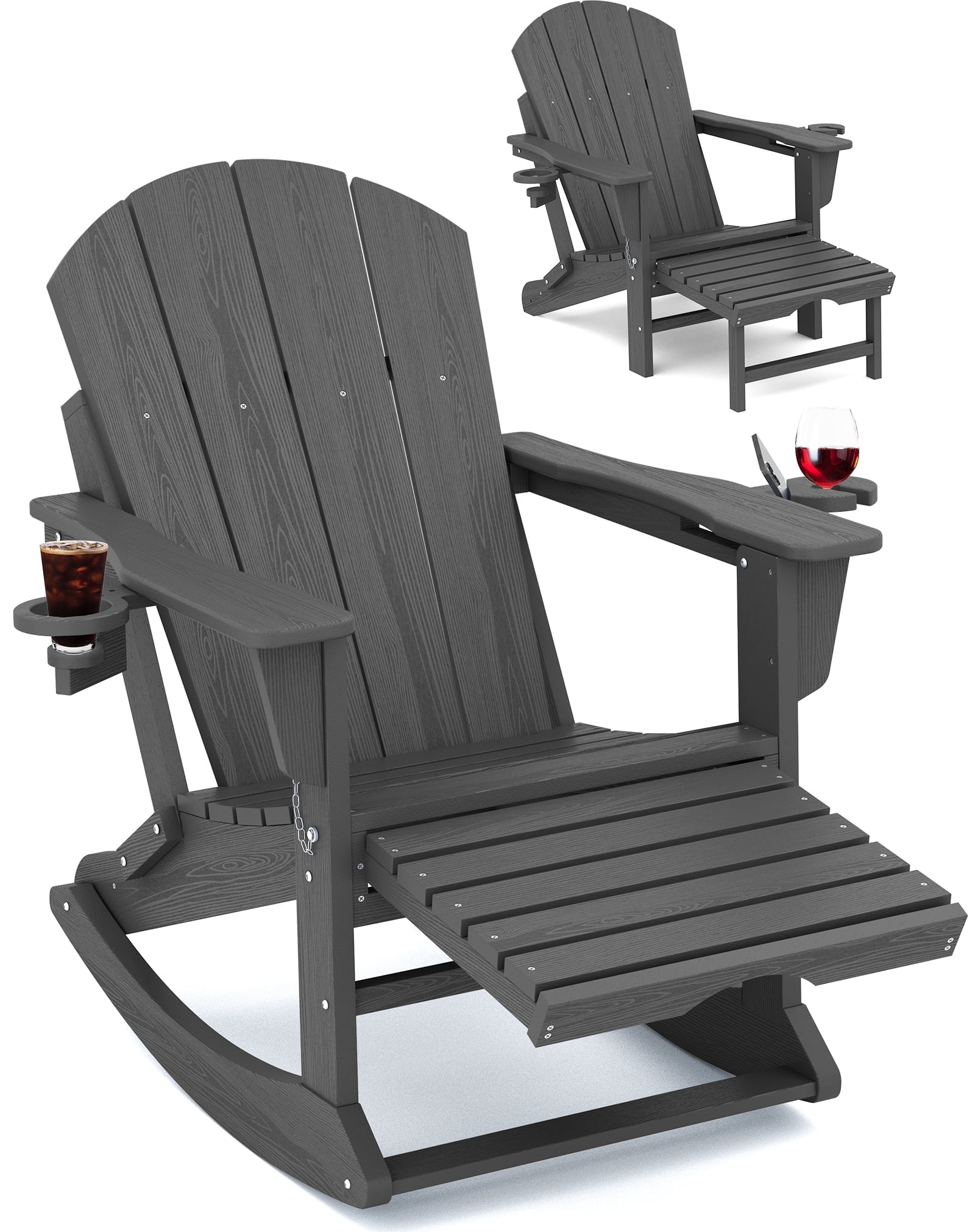 KINGYES Adirondack Rocking Chair with Retractable Ottoman and Cup ...