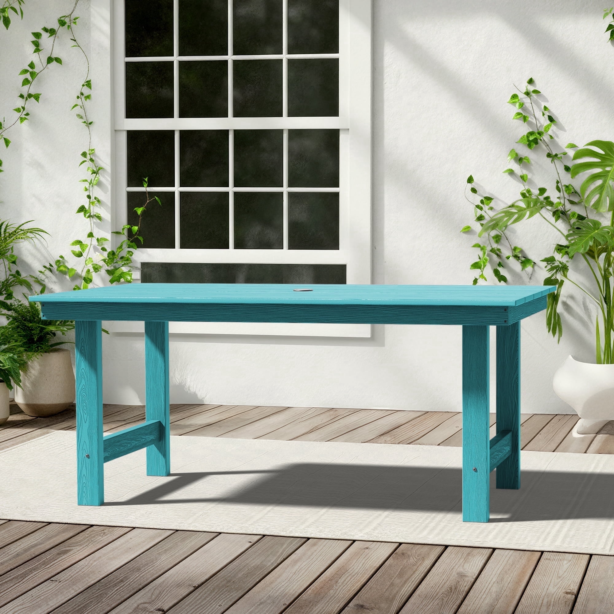 KINGYES All Weather Outdoor Dining Table with Umbrella Hole, HDPE ...