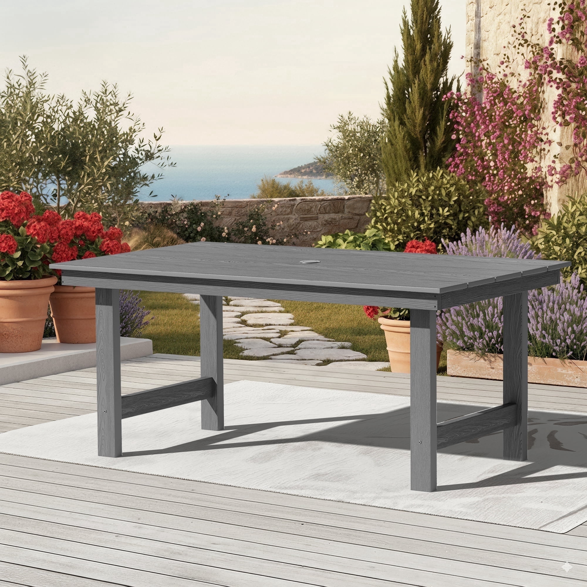 KINGYES All Weather Outdoor Dining Table with Umbrella Hole, HDPE ...