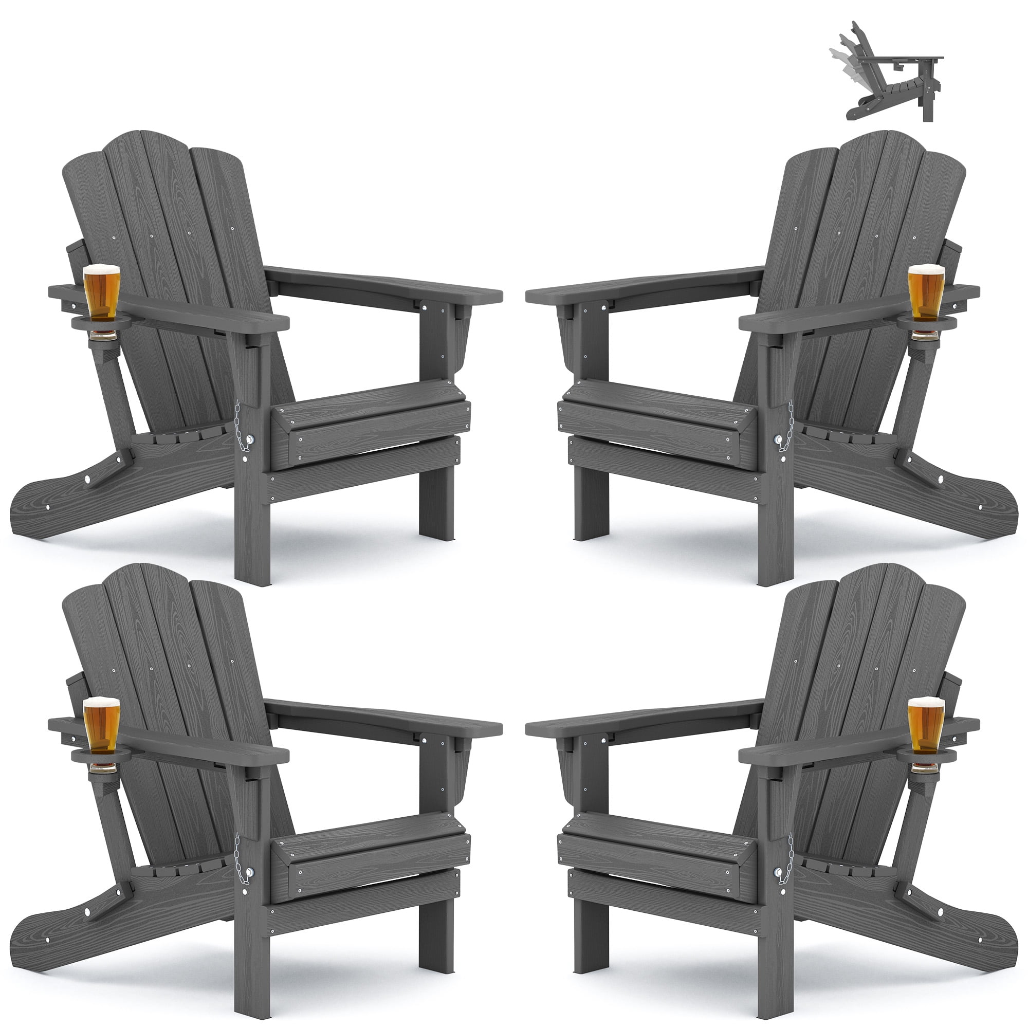 KINGYES Folding Adjustable Backrest Adirondack Chairs with Cup Holder ...