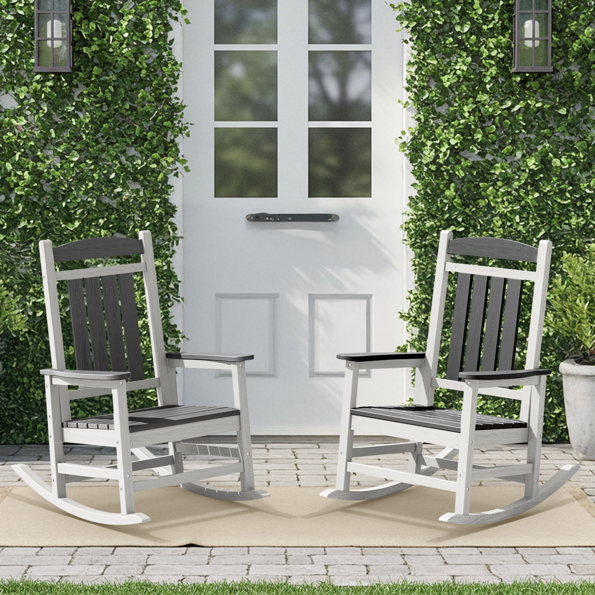 KINGYES Outdoor Rocking Chair Set of 2, High Density Polyethylene Patio ...