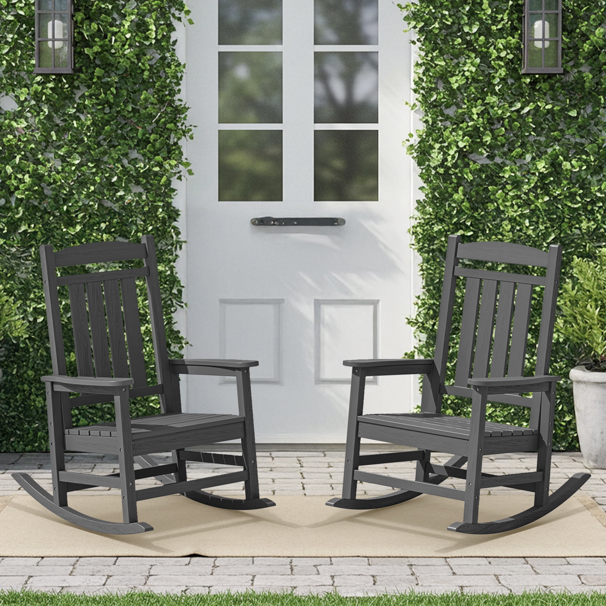 KINGYES Outdoor Rocking Chairs Set of 2, Durable Grey Polypropylene ...