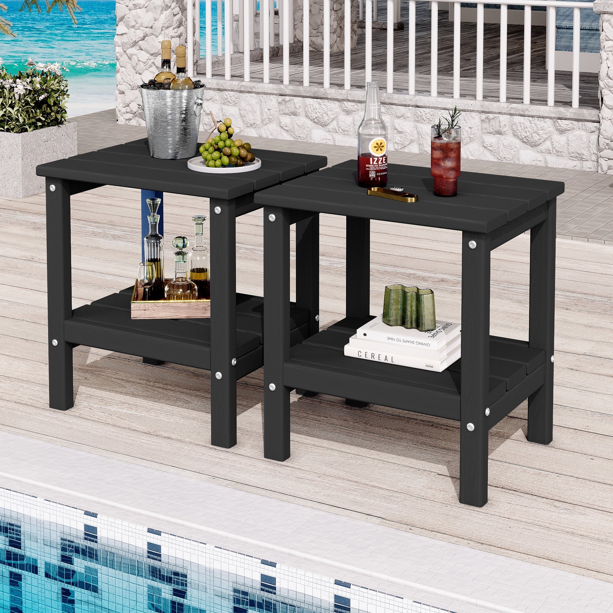 KINGYES 2-Tier Outdoor Side Table Set of 2, HDPE All Weather Adirondack ...