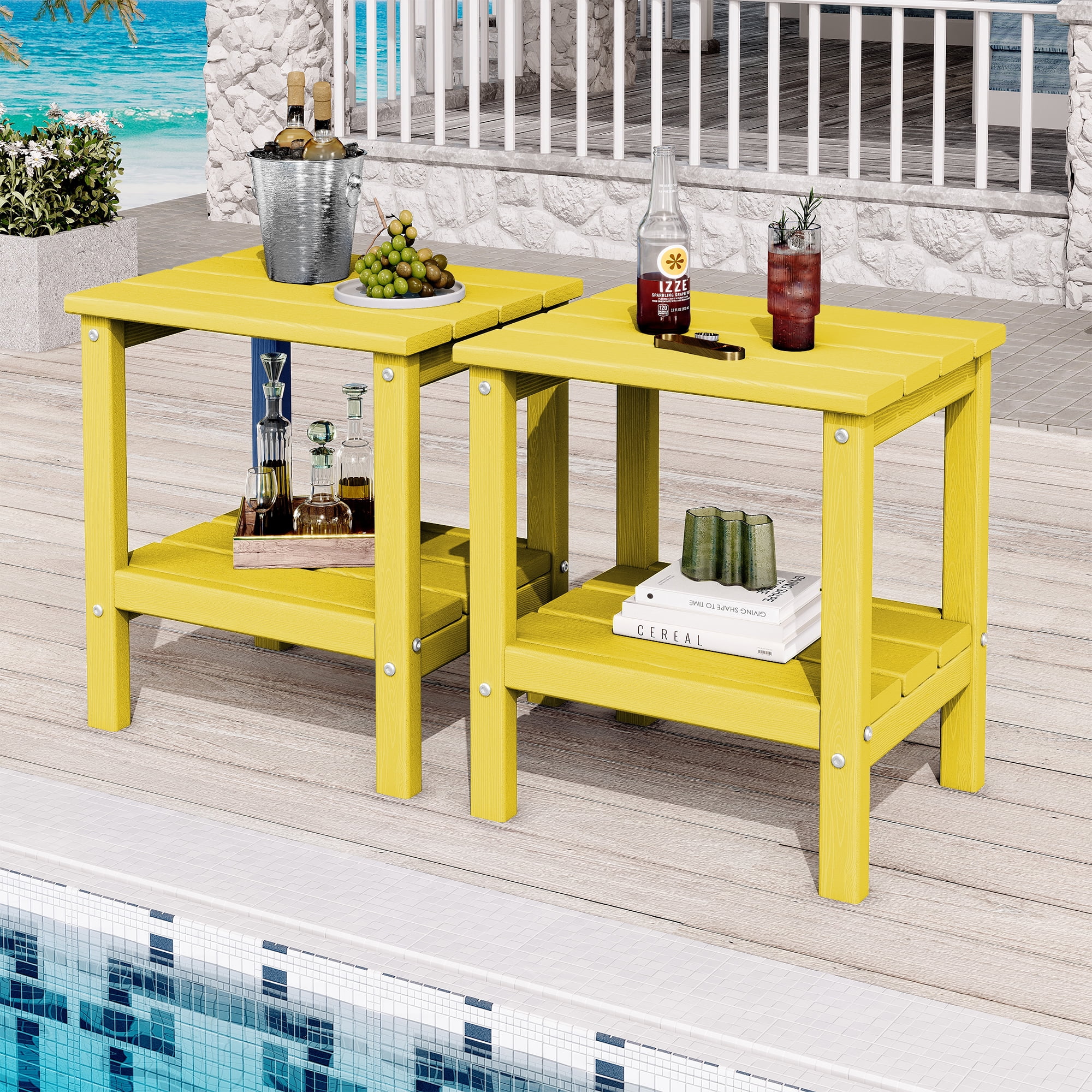 KINGYES 2-Tier Outdoor Side Table Set of 2, HDPE All Weather Adirondack ...