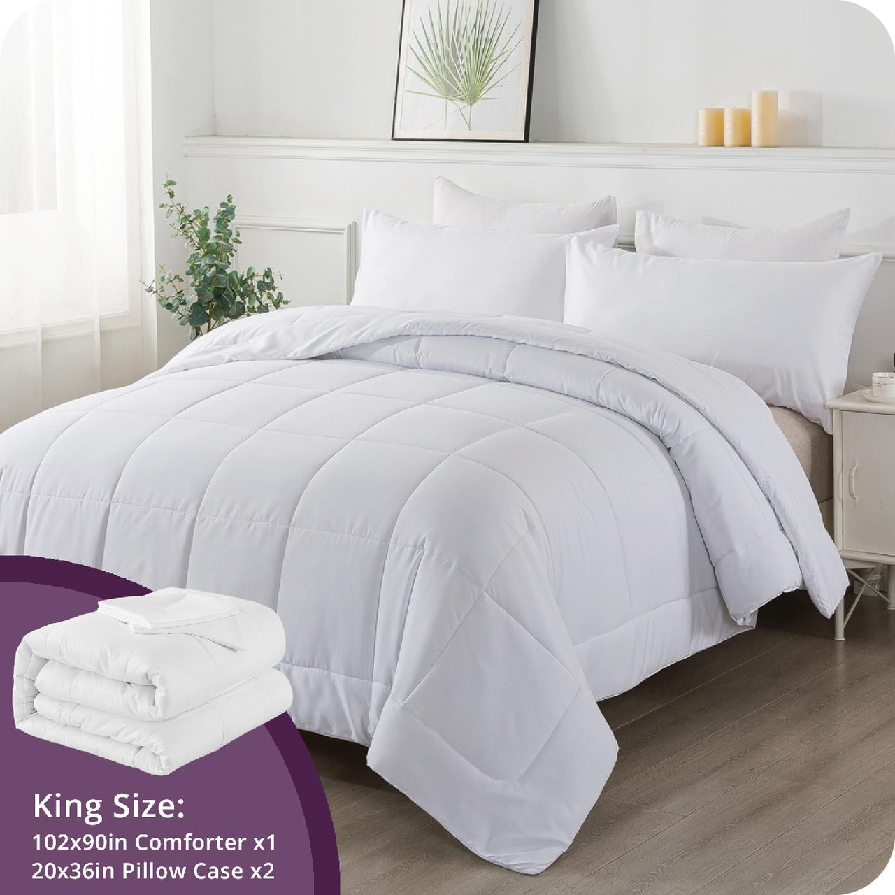 KINMEROOM King 3 Pieces Comforter Set - Ultra Soft All Season White ...
