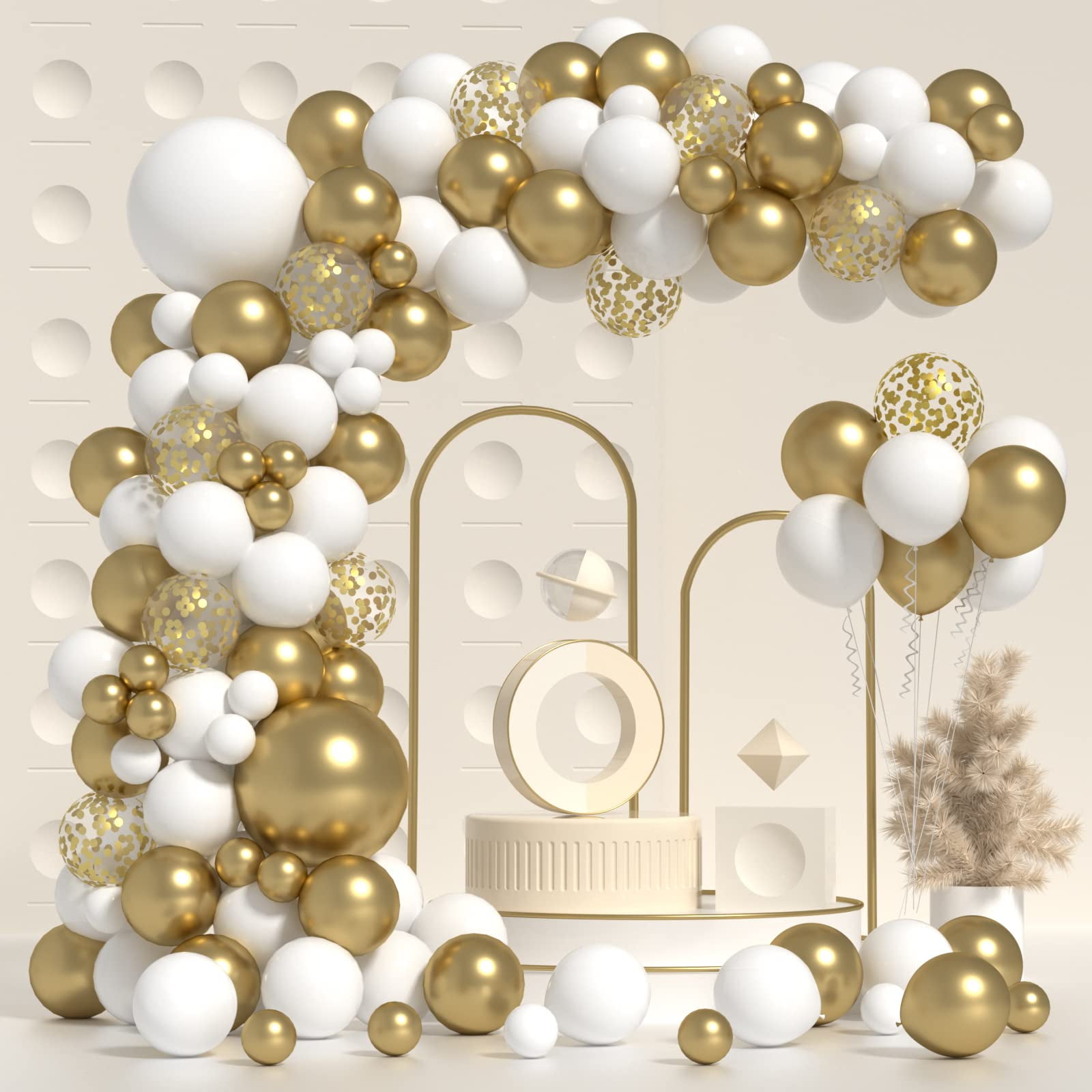 KINNO 112Pcs White Gold Balloons Garland Kit, 5/12/18 Inch White Gold Balloons Gold Confetti ...