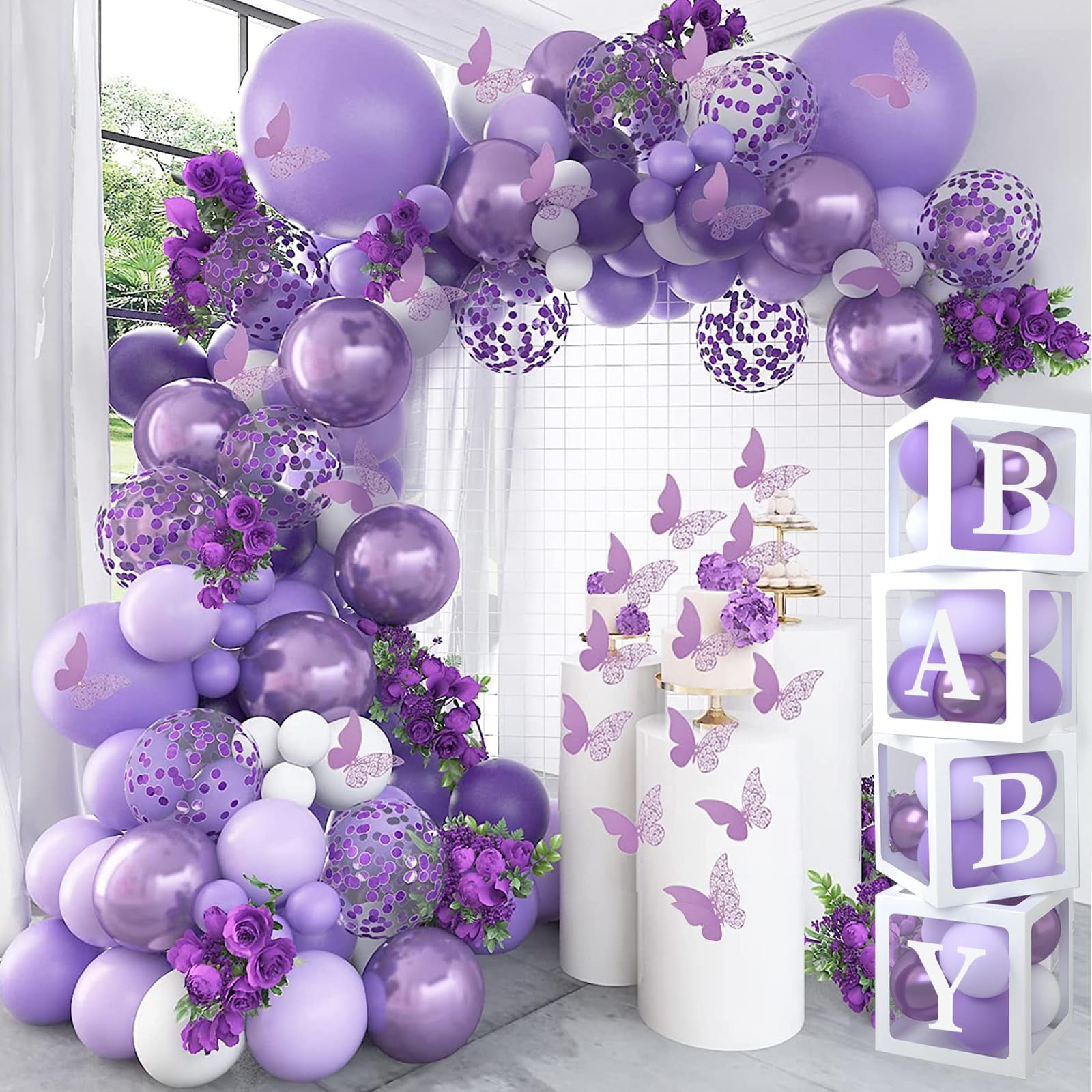 KINNO 124PCS Purple Butterfly Baby Shower Decorations - Purple Balloon Garland Arch Kit，Purple ...