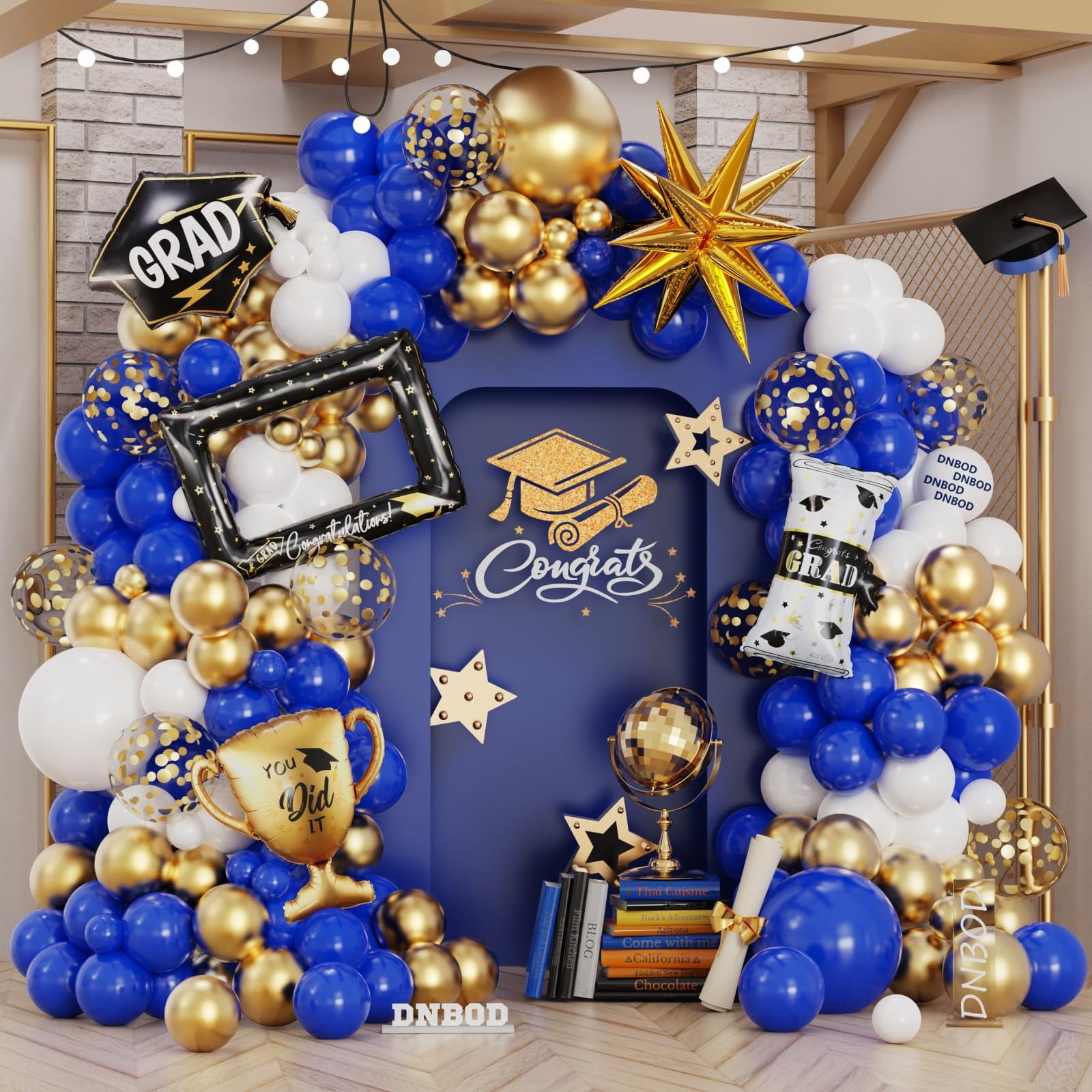 KINNO 135Pcs Royal Blue Gold White Graduation Balloon Garland Arch Kit,with Explosion Star,Photo ...
