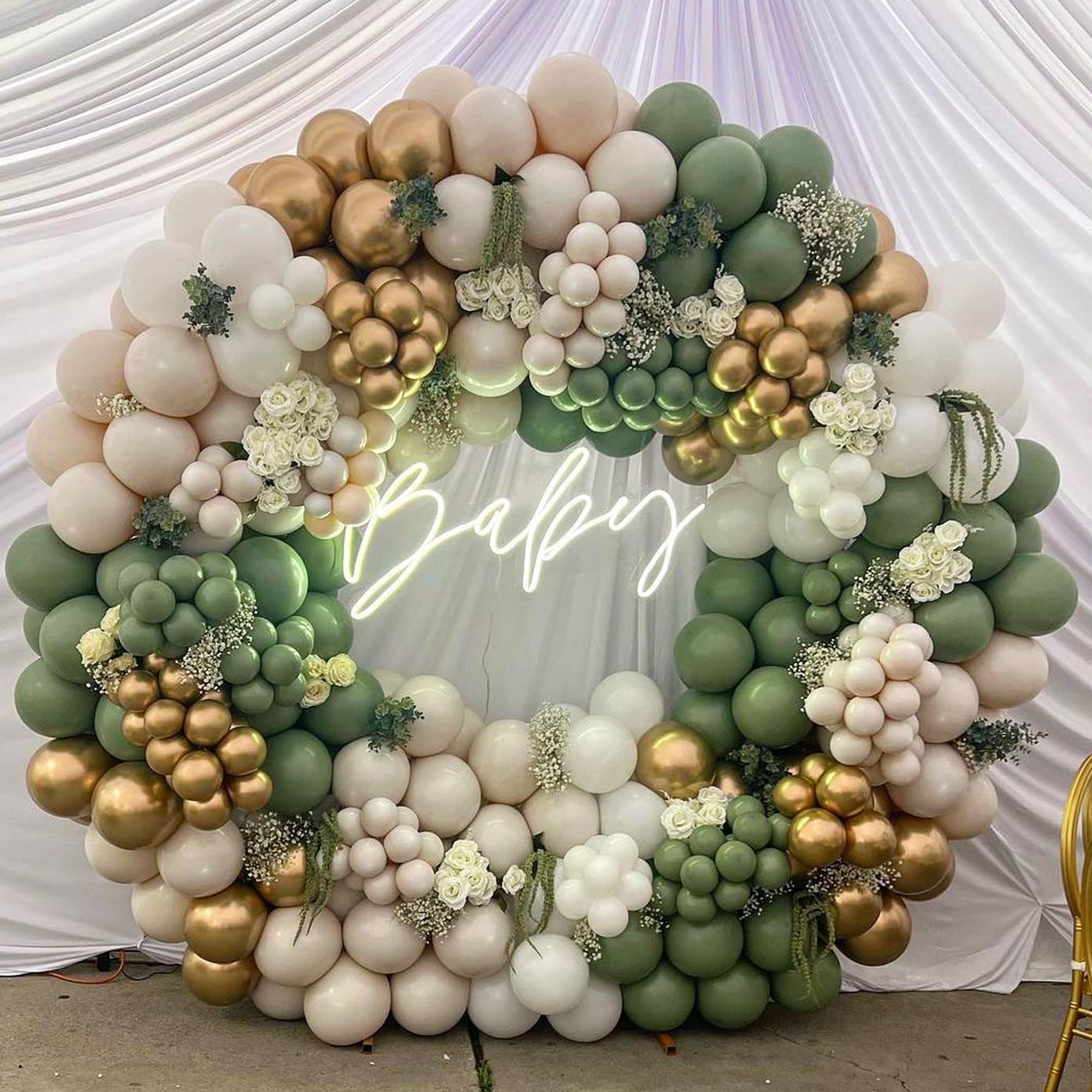 KINNO 207Pcs Sage Green Balloons Garland Arch Kit, with Olive Green White Metallic Gold Balloons ...