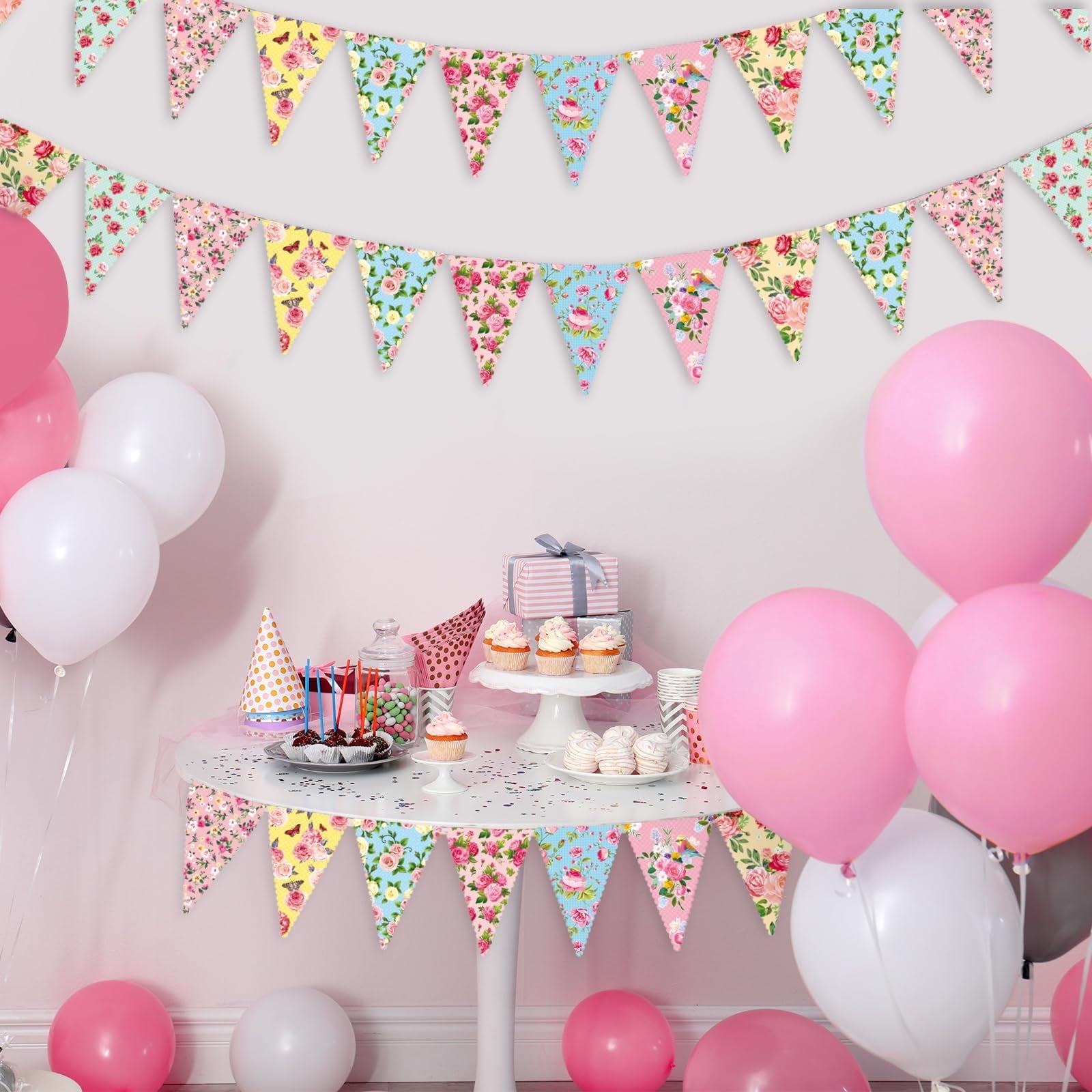 KINNO 49 Ft 60 Pcs Tea Floral Party Paper Bunting Decor Outdoor Bunting ...