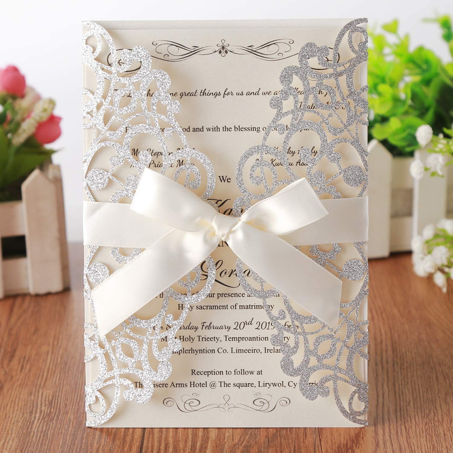 KINNO 50PCS Silver Laser Cut Wedding Invitations Cards with bowknot & Envelopes 5.12 x 7.3 ...