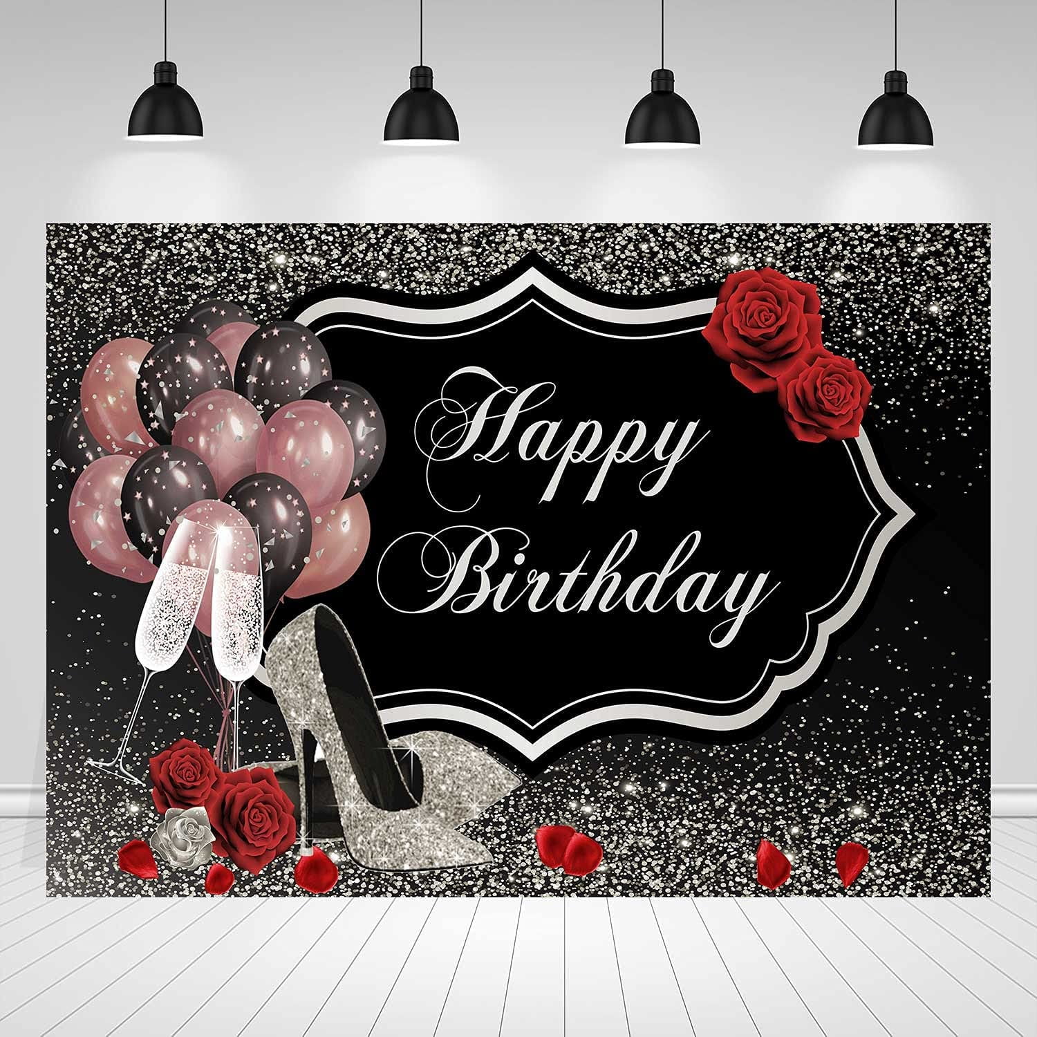 KINNO 7x5ft Glitter Silvery Happy Birthday Backdrop Red Rose Floral Balloons Heels Champagne ...