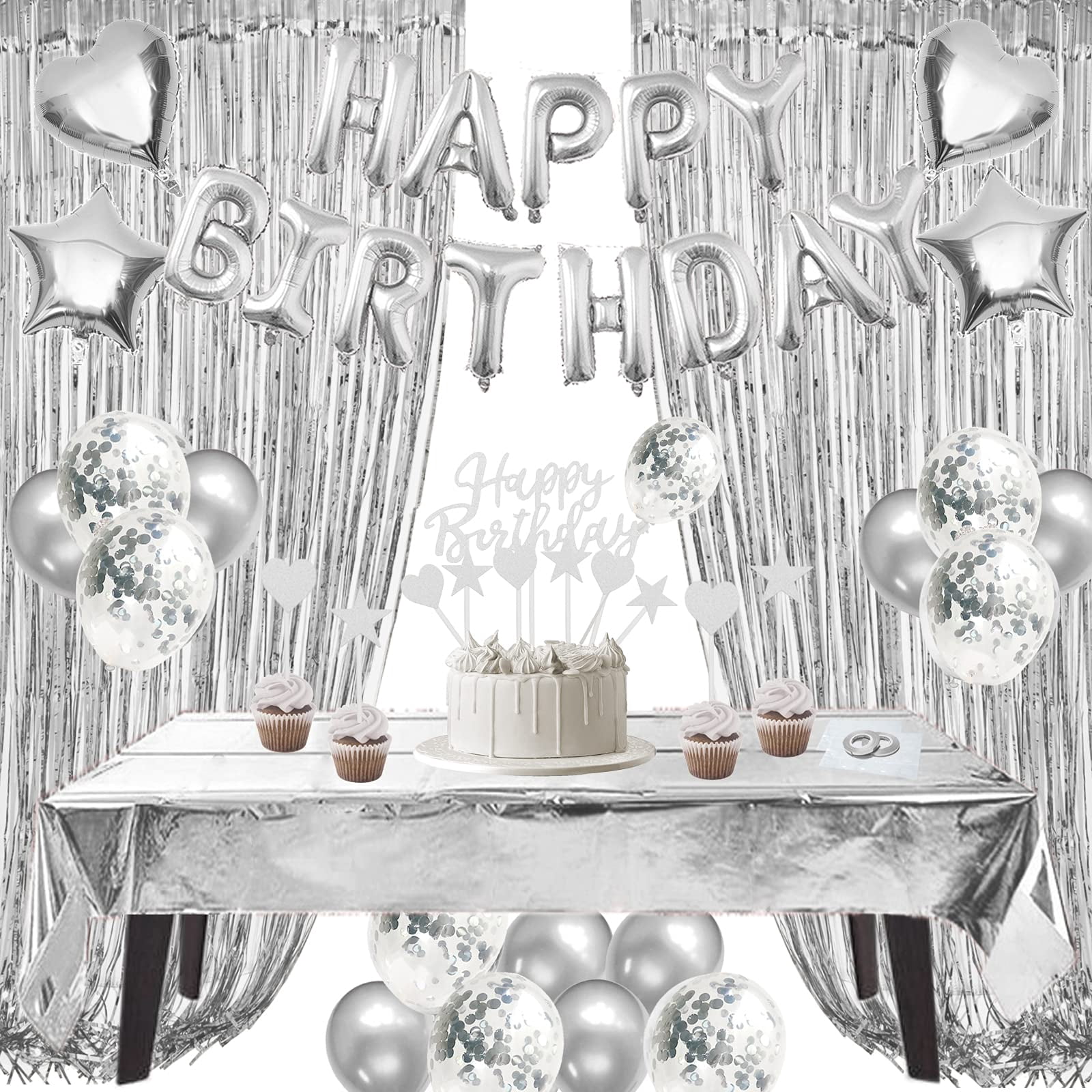 KINNO Birthday Decorations Silver, Foil Happy Birthday Balloon Banner ...