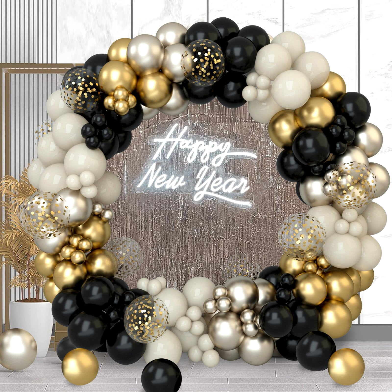 KINNO Black and Gold Balloon Garland Arch Kit New Years Decorations 2025, 152pc White Sand ...