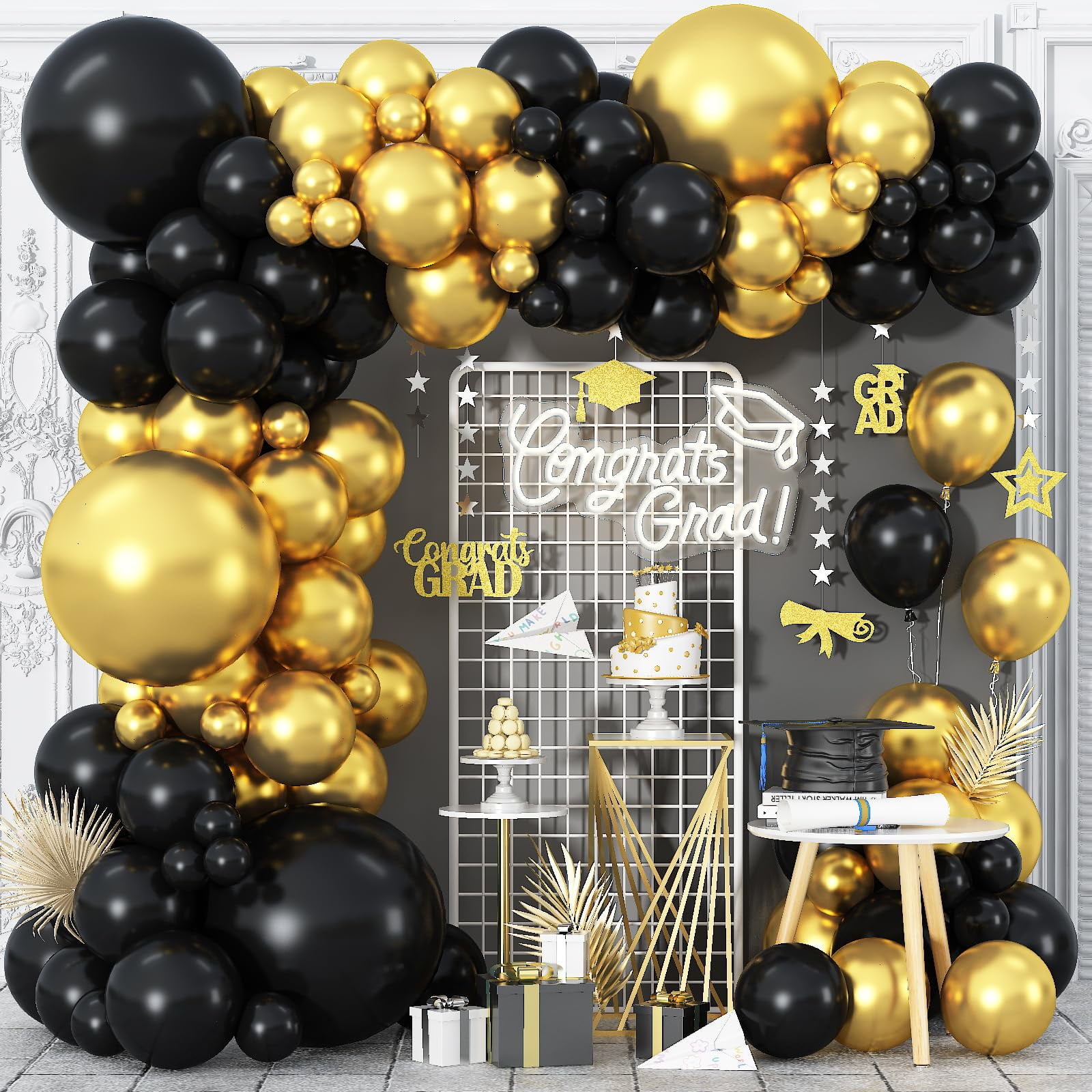 KINNO Black and Gold Balloon Garland Kit, Metallic Gold and Black Balloon Arch Kit, Black and ...