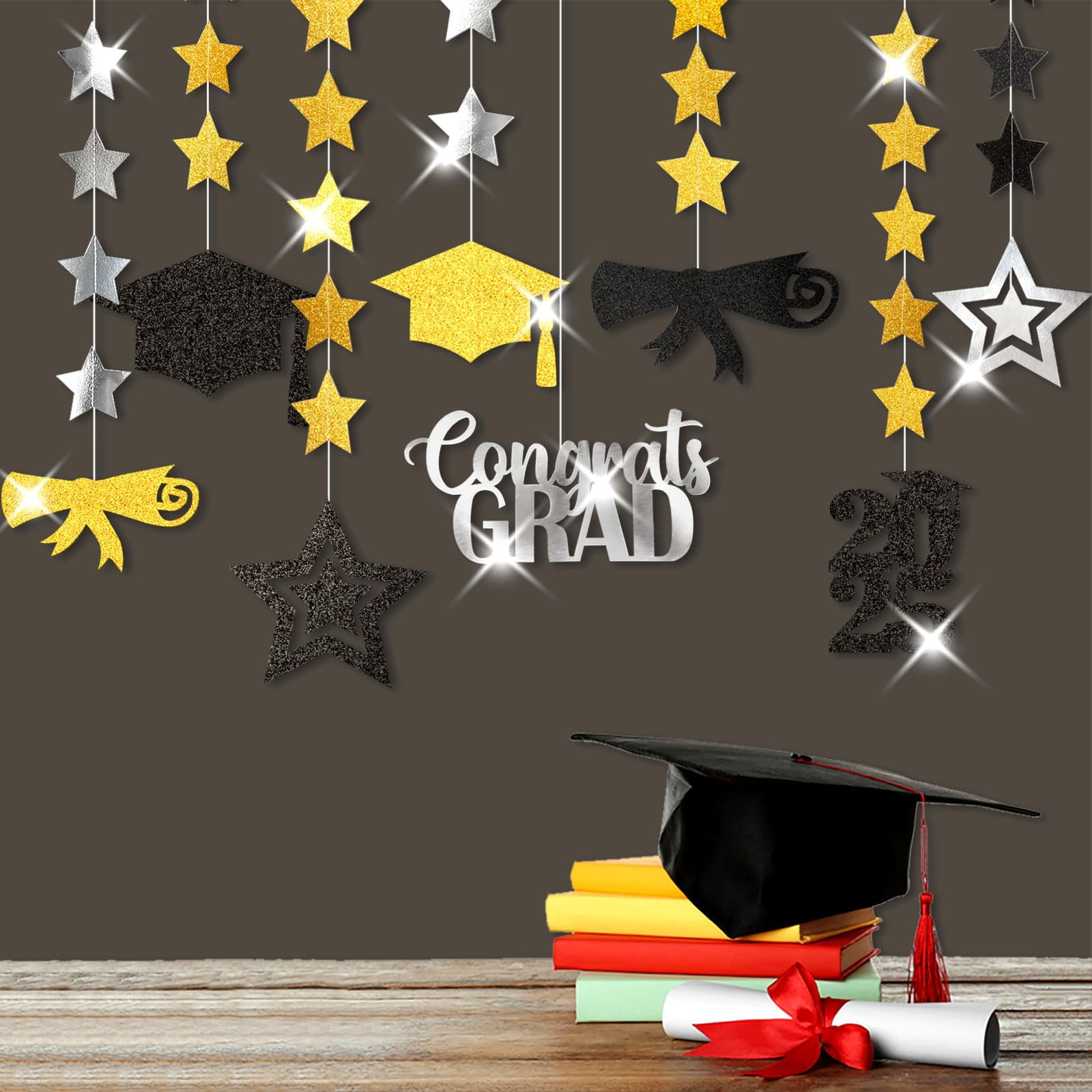 KINNO Black-Gold Silver Graduation Party-Decorations Garland - 8pcs Congrats Grad Class 2025 ...