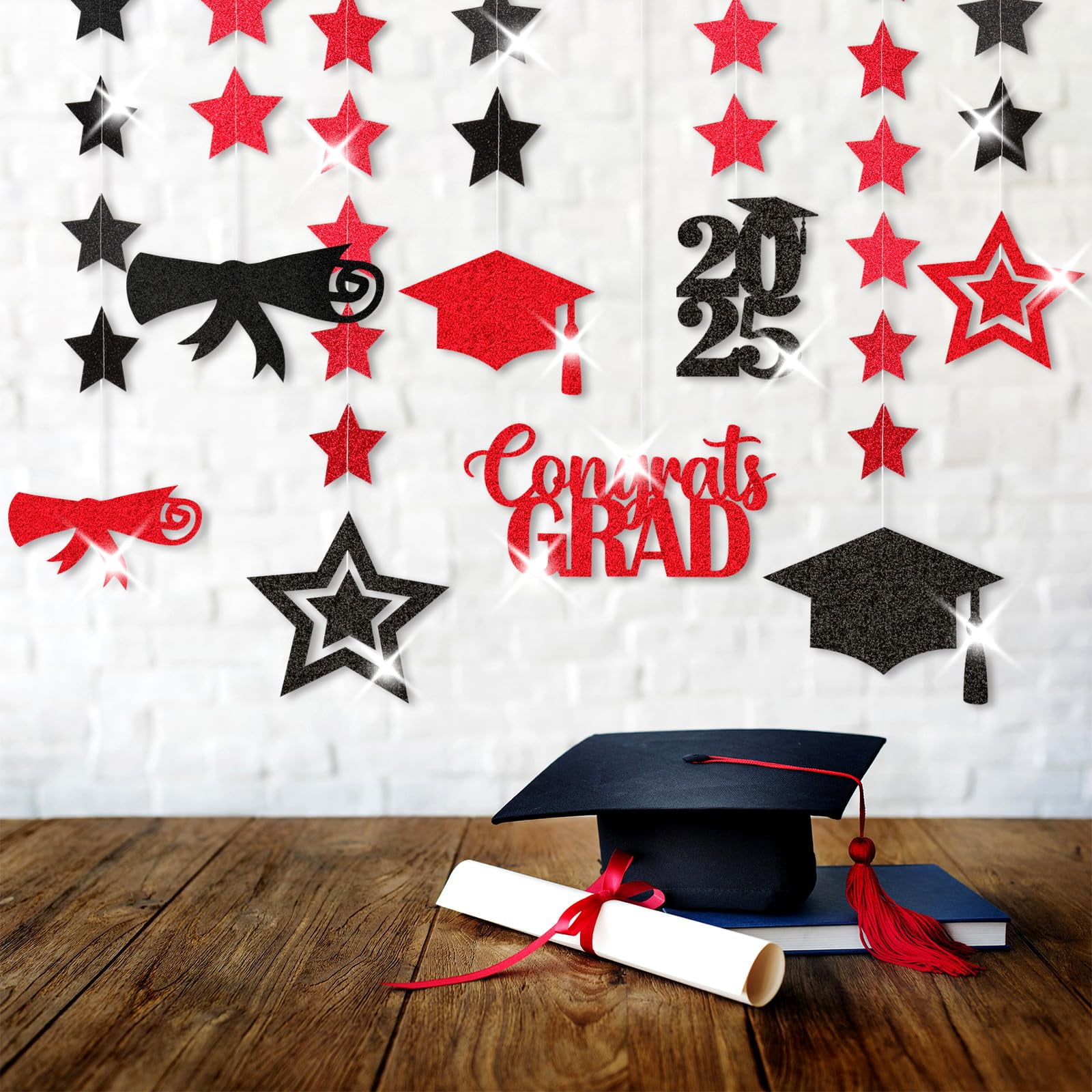 KINNO Black Red Graduation Party-Decorations Garland - 8pcs Congrats Grad Class 2025 Banner,Star ...