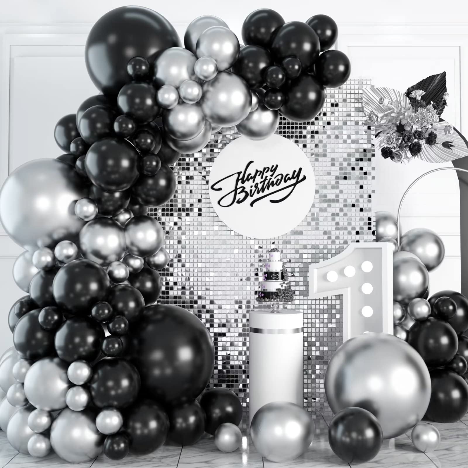 KINNO Black and Silver Balloon Garland Kit, Metallic Silver and Black Balloon Arch Kit, 100Pcs ...