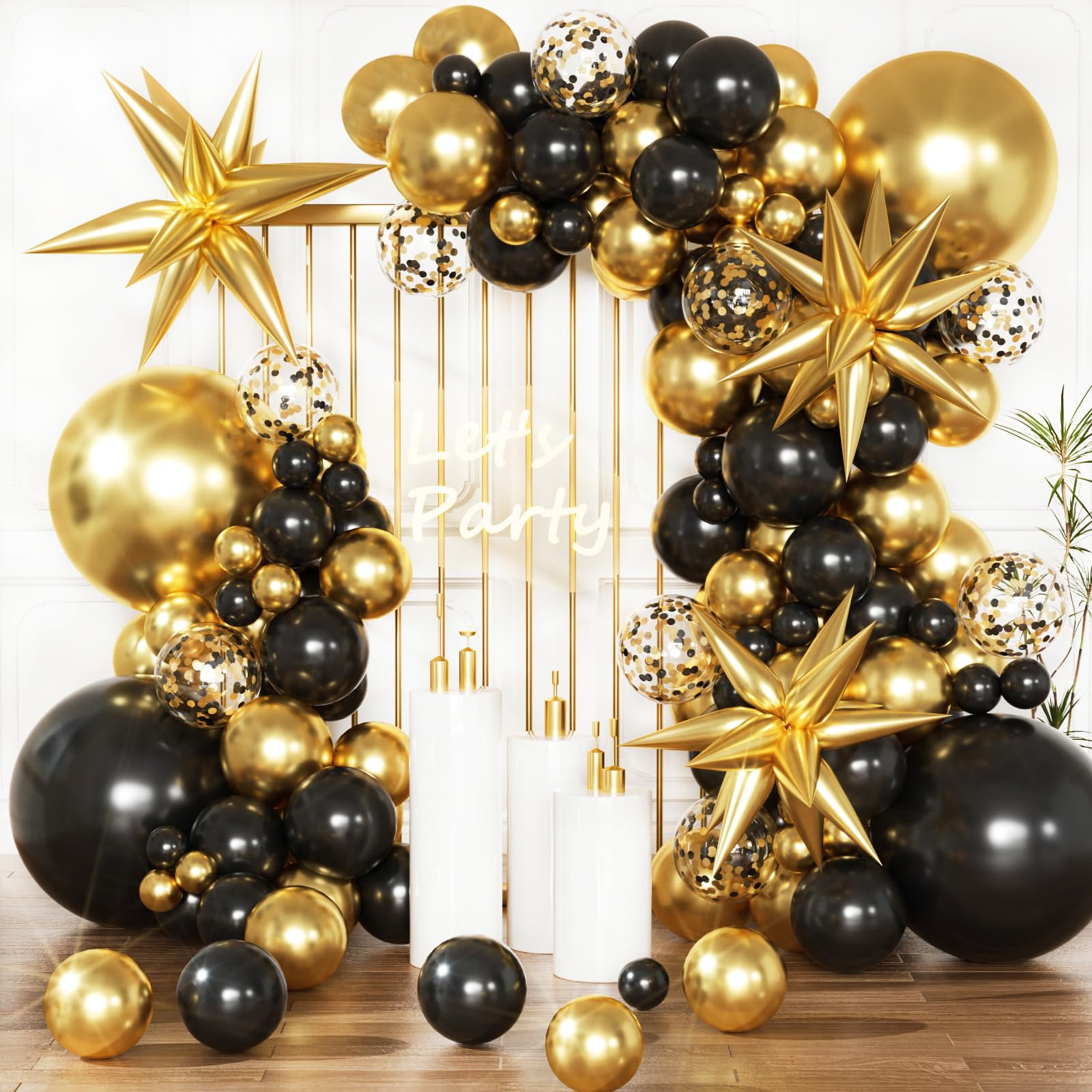 KINNO Black and Gold Balloons Garland Arch Kit,Black Gold Confetti Star ...