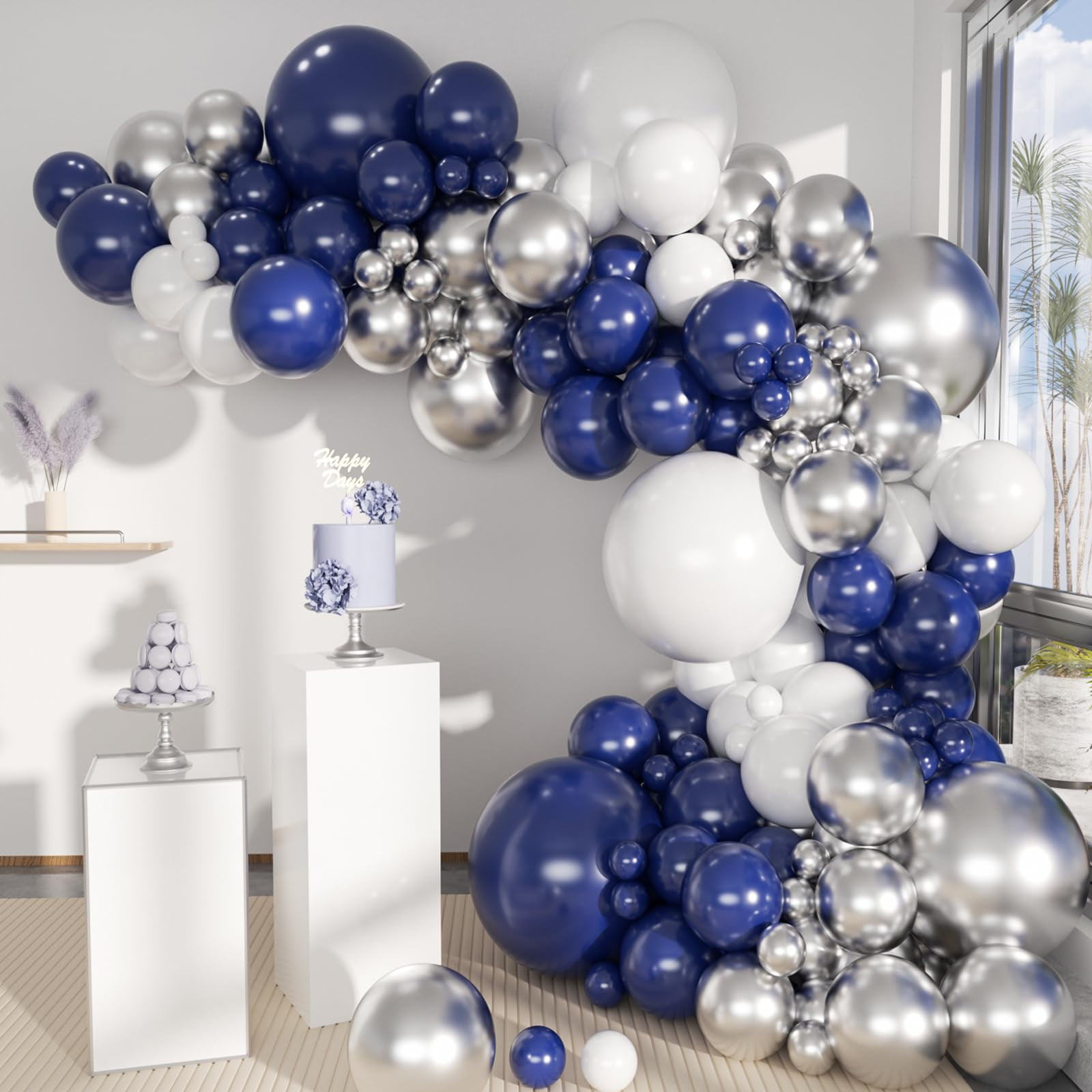 KINNO Blue White Silver Balloons Garland Arch Kit, 141Pcs Latex Balloons Different Sizes 18 12 ...
