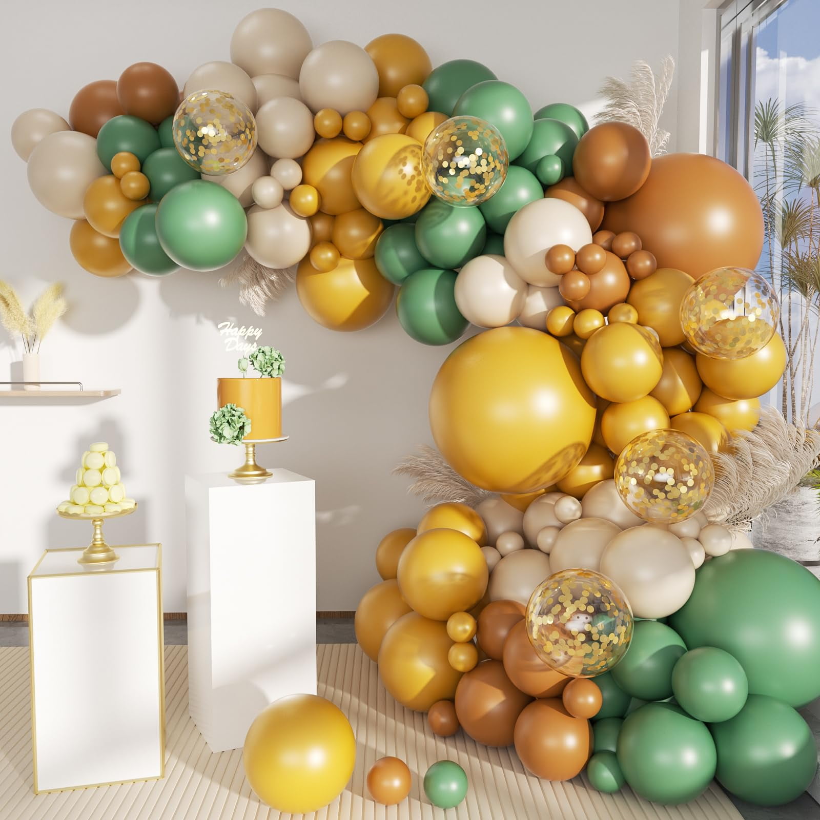 KINNO Brown Yellow Green White Balloon Arch Kit, 156Pcs Caramel Brown Mustard Yellow Sage Green ...