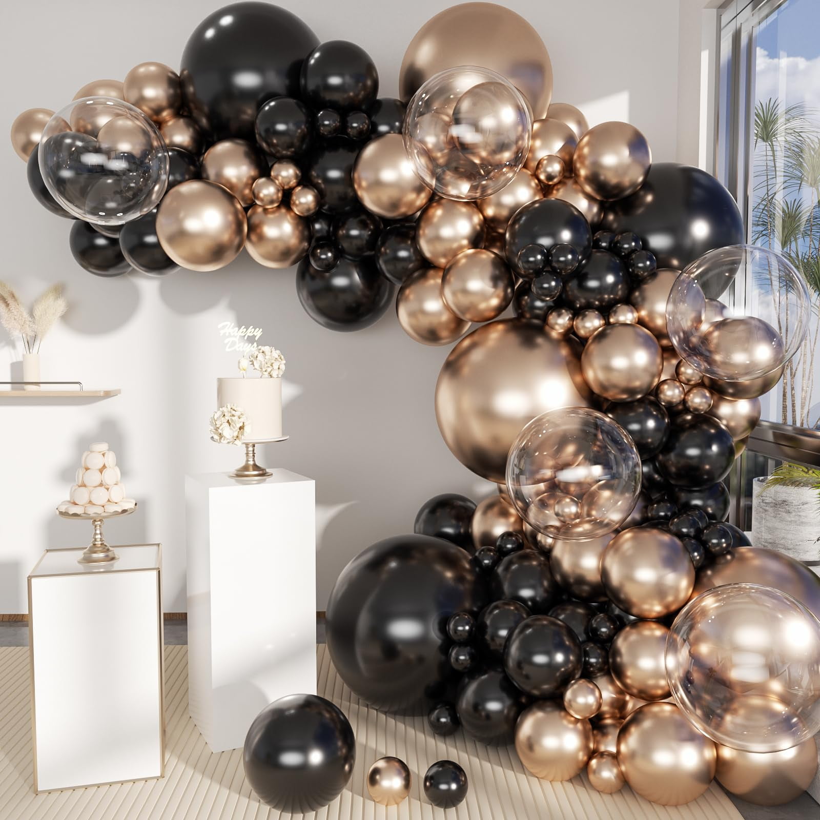 KINNO Champagne Gold and Black Balloon Arch Kit, 151Pcs Black Gold Bobo Balloons Garland 18 12 ...