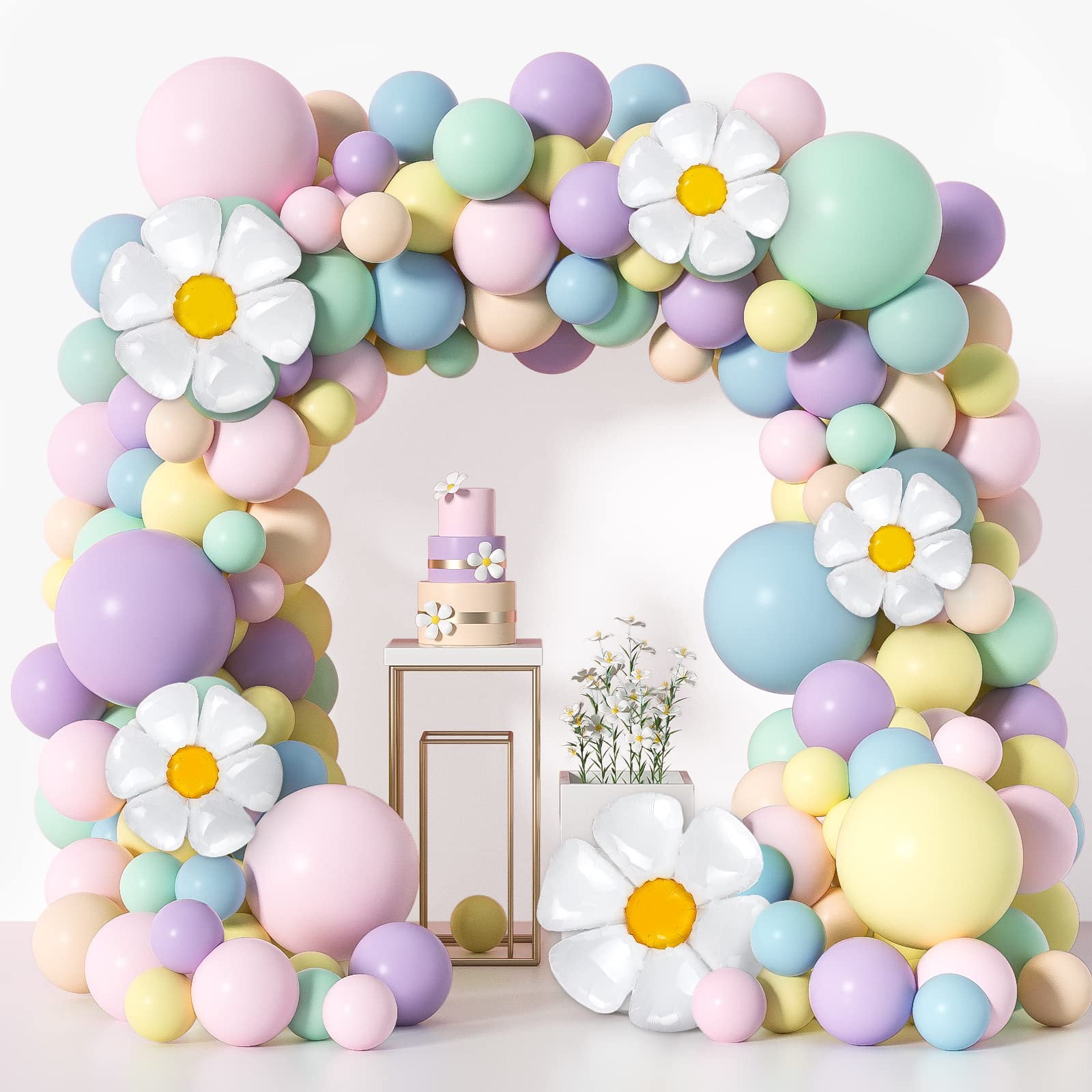 KINNO Daisy Balloon Garland Arch Kit, 161 Pcs Pastel Balloon Garland Kit with White Groovy Daisy ...