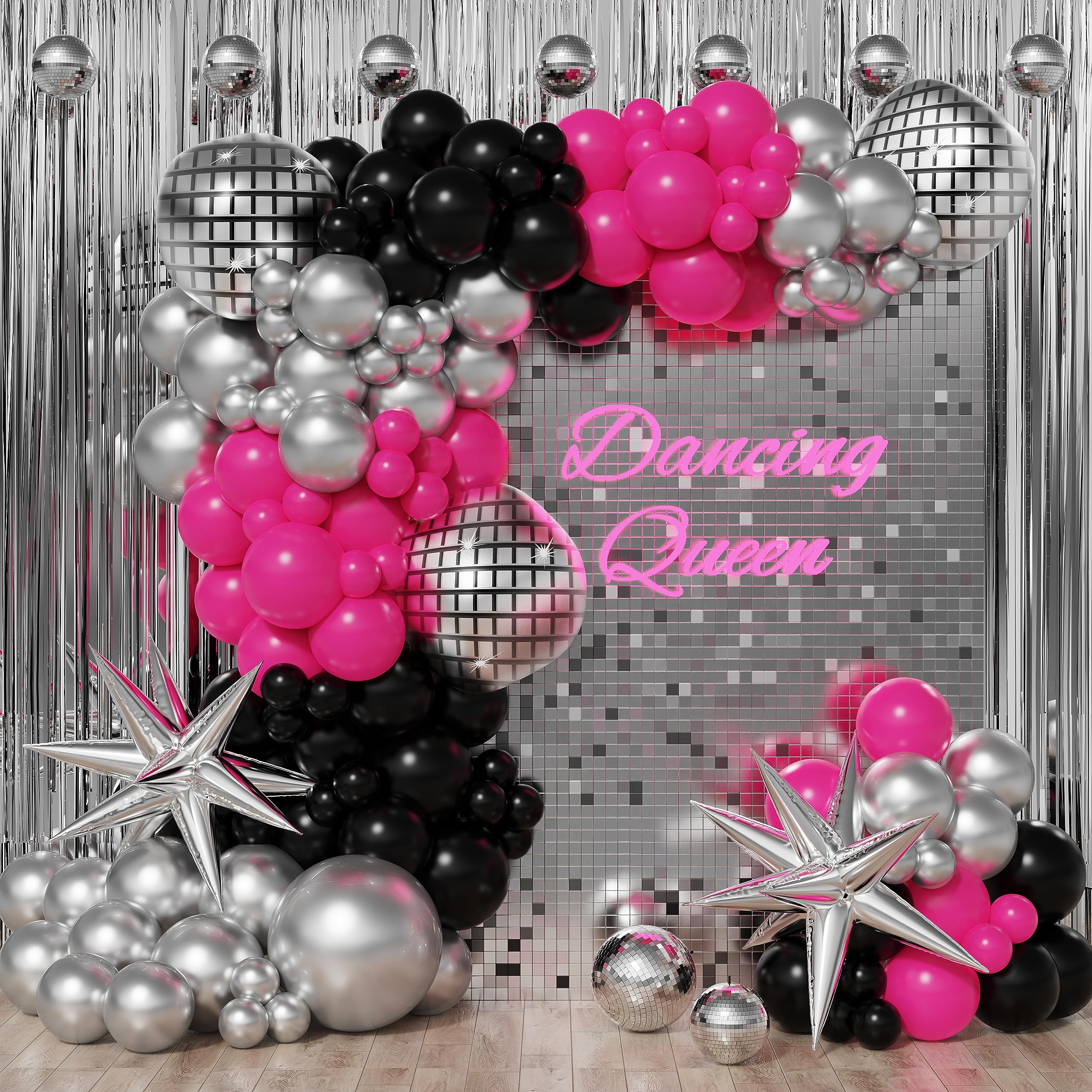 KINNO Disco Balloon Garland Arch Kit, Hot Pink Black Chrome Silver ...