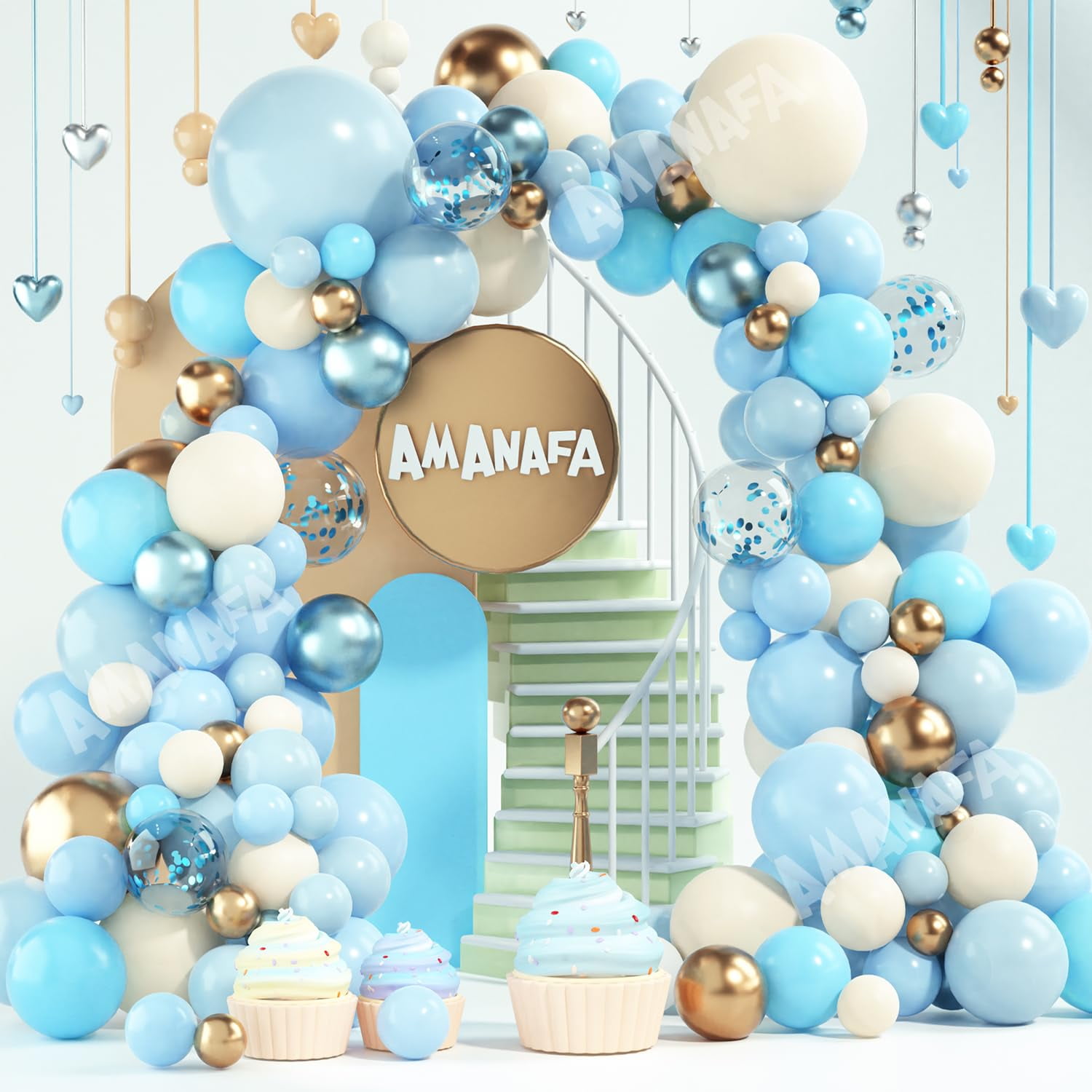 KINNO Dusty Blue Balloons Arch Garland Kit Pastel Blue Chrome Gold Sand White Confetti Balloon ...
