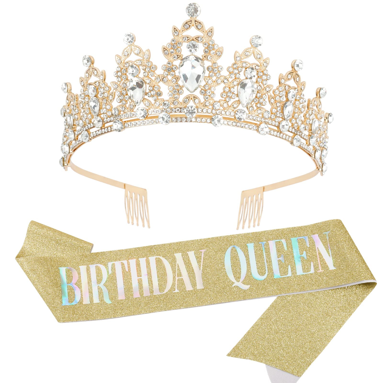 KINNO Gold Birthday Crown and Sash for Women Birthday Queen Sash & Rhinestone Tiara Set Birthday ...