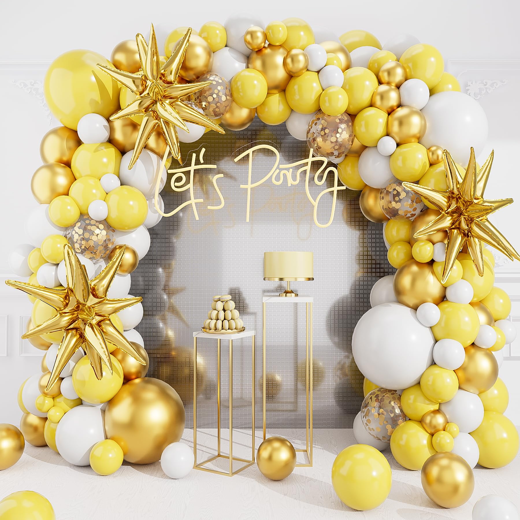 KINNO Gold Yellow White Balloons Garland Arch Kit,142PCS Confetti Latex Metal Aluminum Foil ...