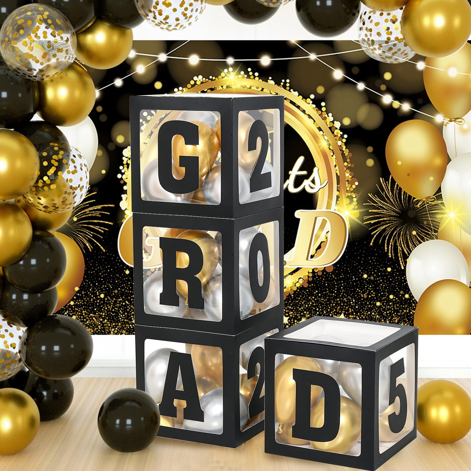 KINNO Graduation Decorations Class of 2025, 4pcs 2025 Graduation Party Black Balloon Boxes with ...