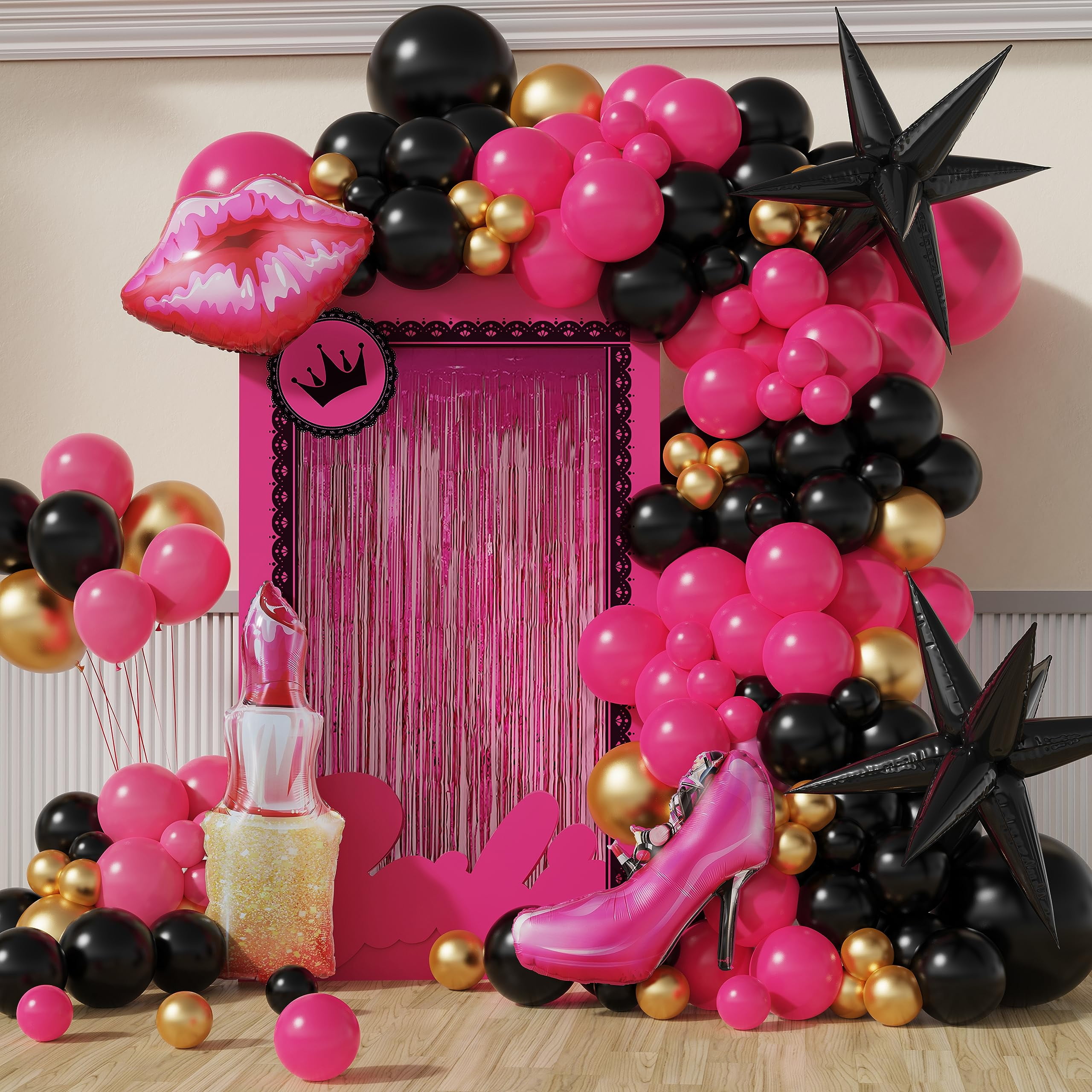 KINNO Hot Pink Black Metallic Gold Balloon Garland kit with High Heels ...