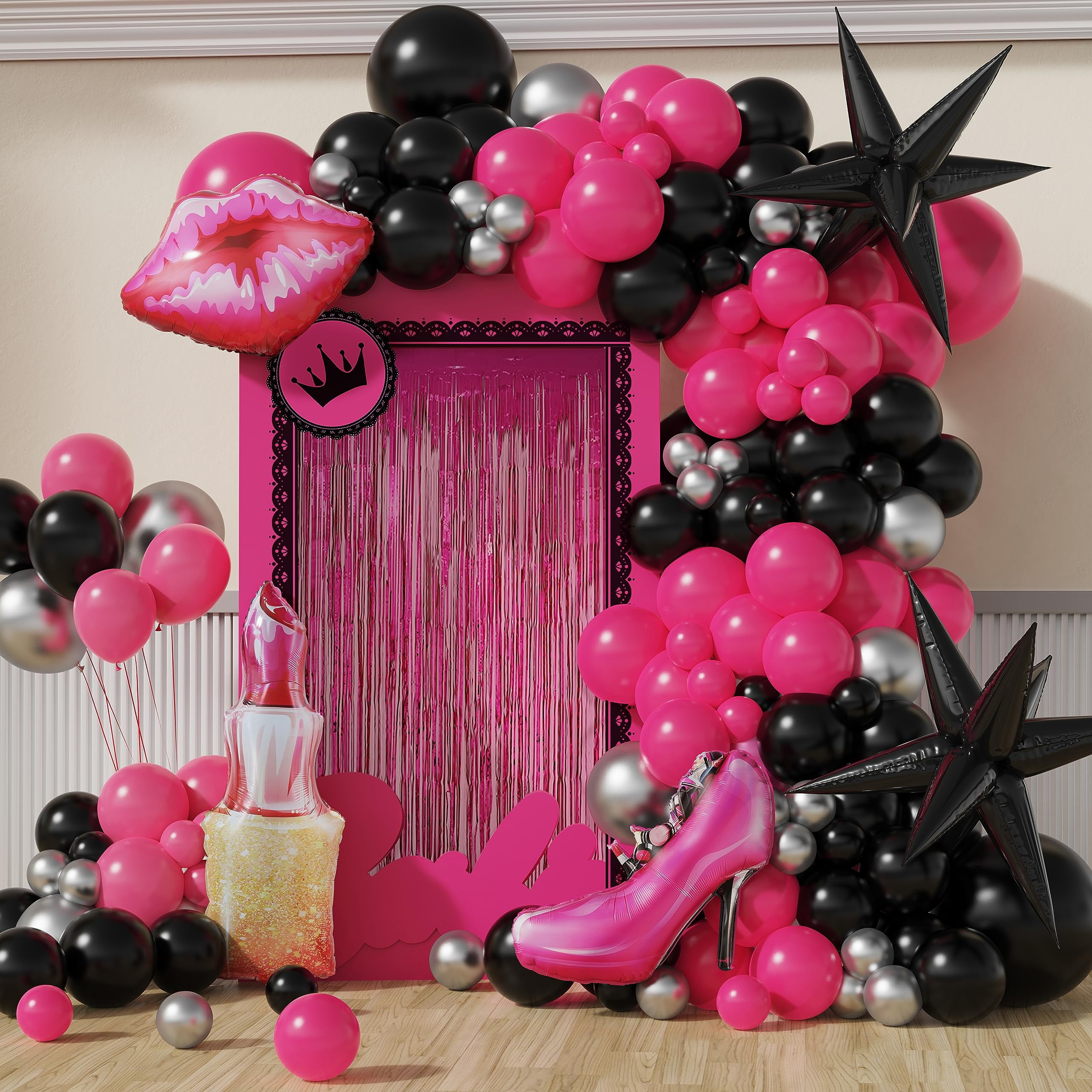 KINNO Hot Pink Black Sliver Balloon Garland kit For Princess Themed ...