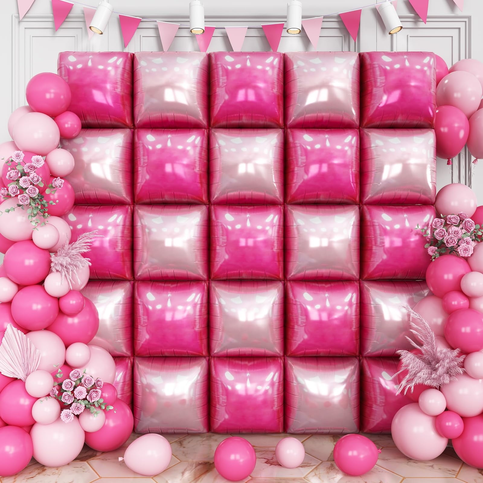 KINNO Hot Pink Square Foil Balloon Wall, 25 PCS Double Sided Mylar Balloons Flat Hot Magenta ...