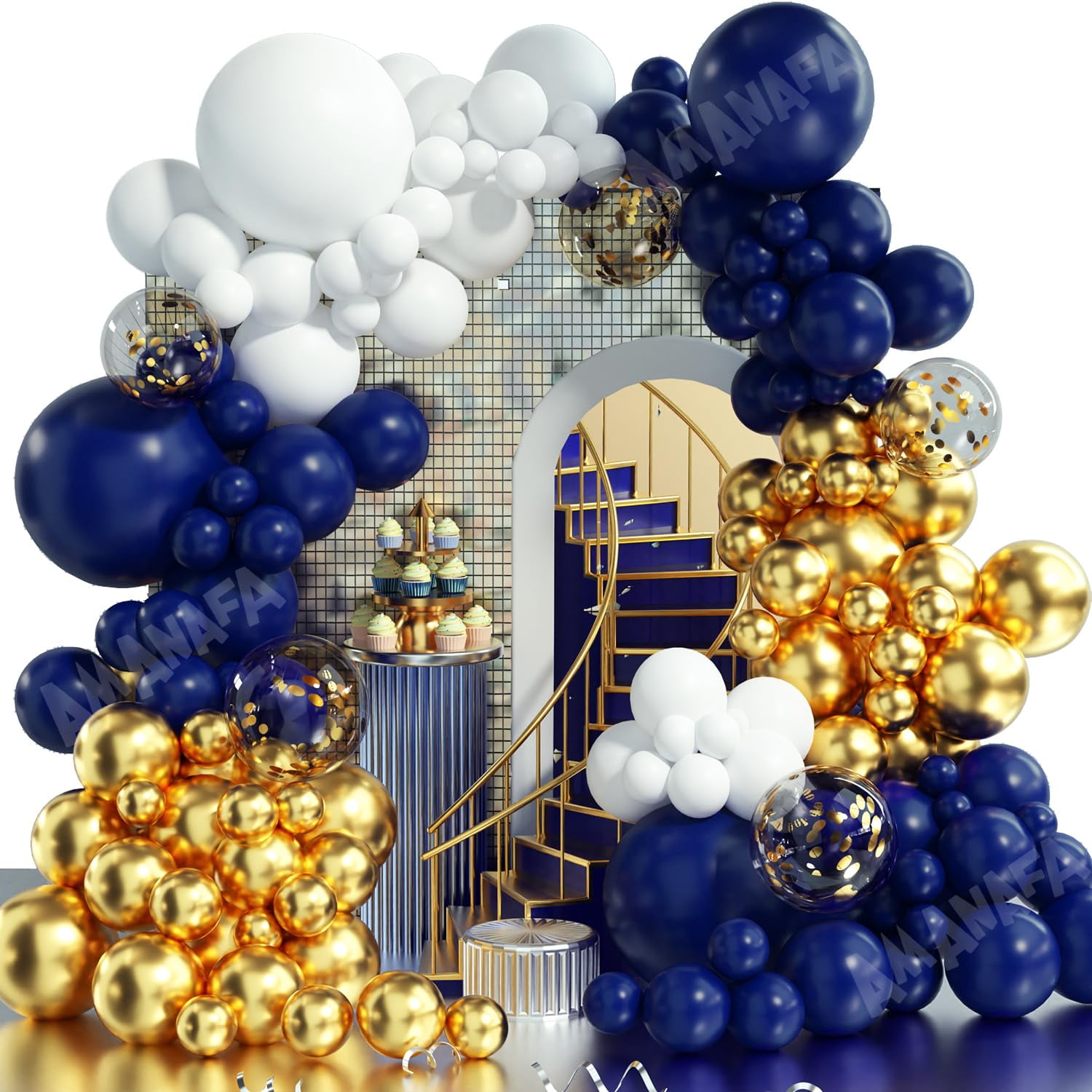 KINNO Navy Blue Gold Balloons Garland Kit Blue White Gold Confetti Balloons Different Sizes for ...