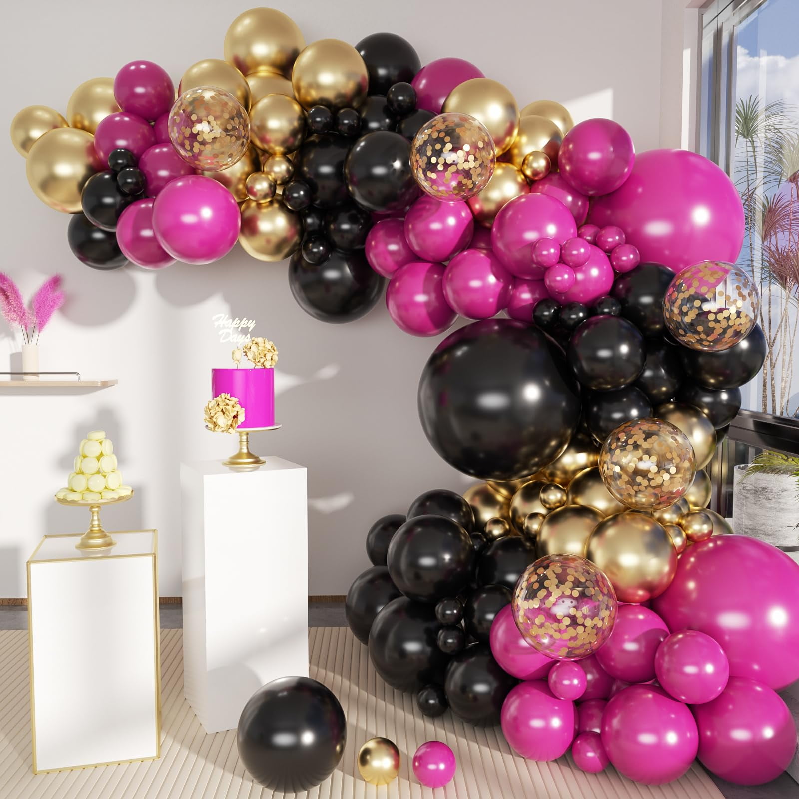 KINNO Red Black Gold Balloon Garland Arch Kit, 156 Hot Pink Black Gold Metallic Balloons for ...