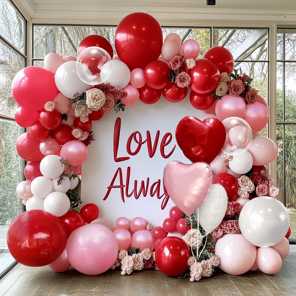KINNO Red Pink White Balloon Garland Double Stuffed Pink Balloons Pear Red Balloon Arch Kit Bobo ...