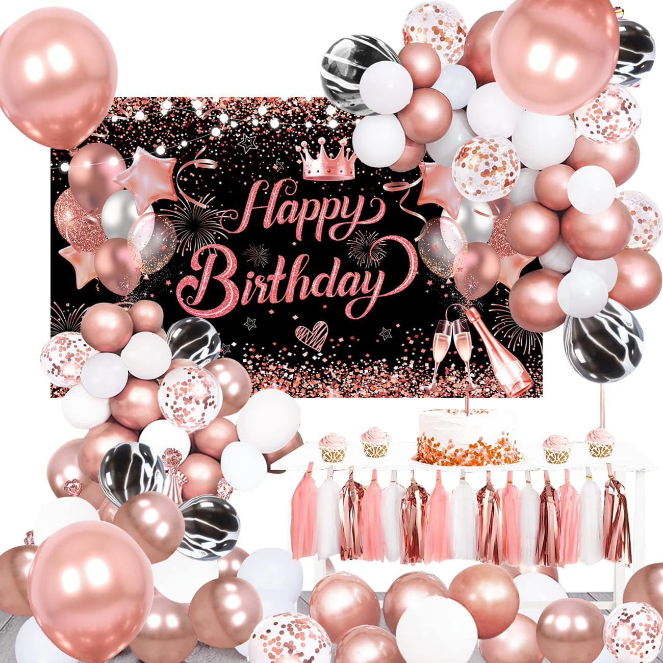 KINNO Rose Gold Happy Birthday Party Balloons Set with Photo ...