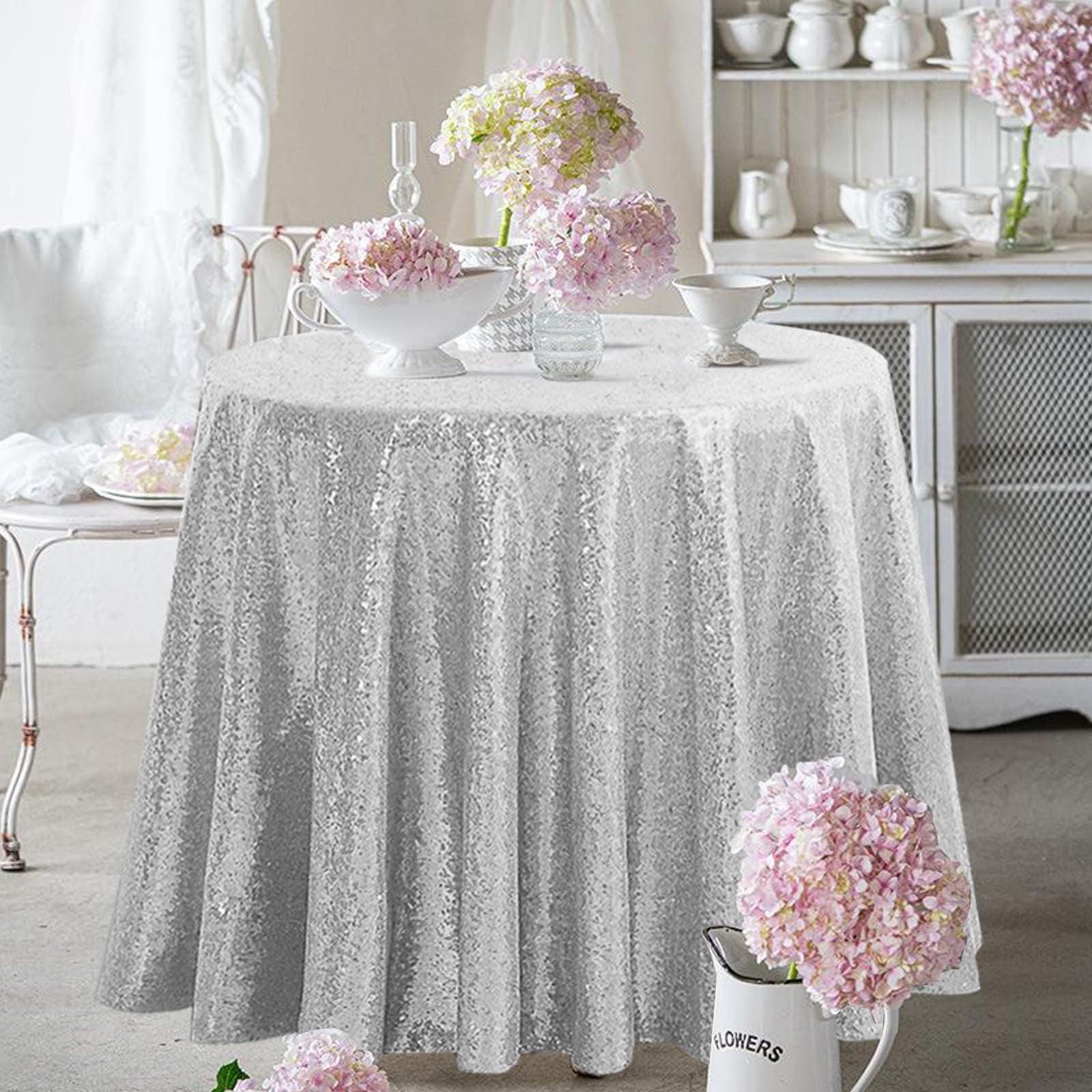 KINNO Silver Round Sequin Tablecloth, Glitter Tablecloth for Bridal Shower Decorations, Birthday ...