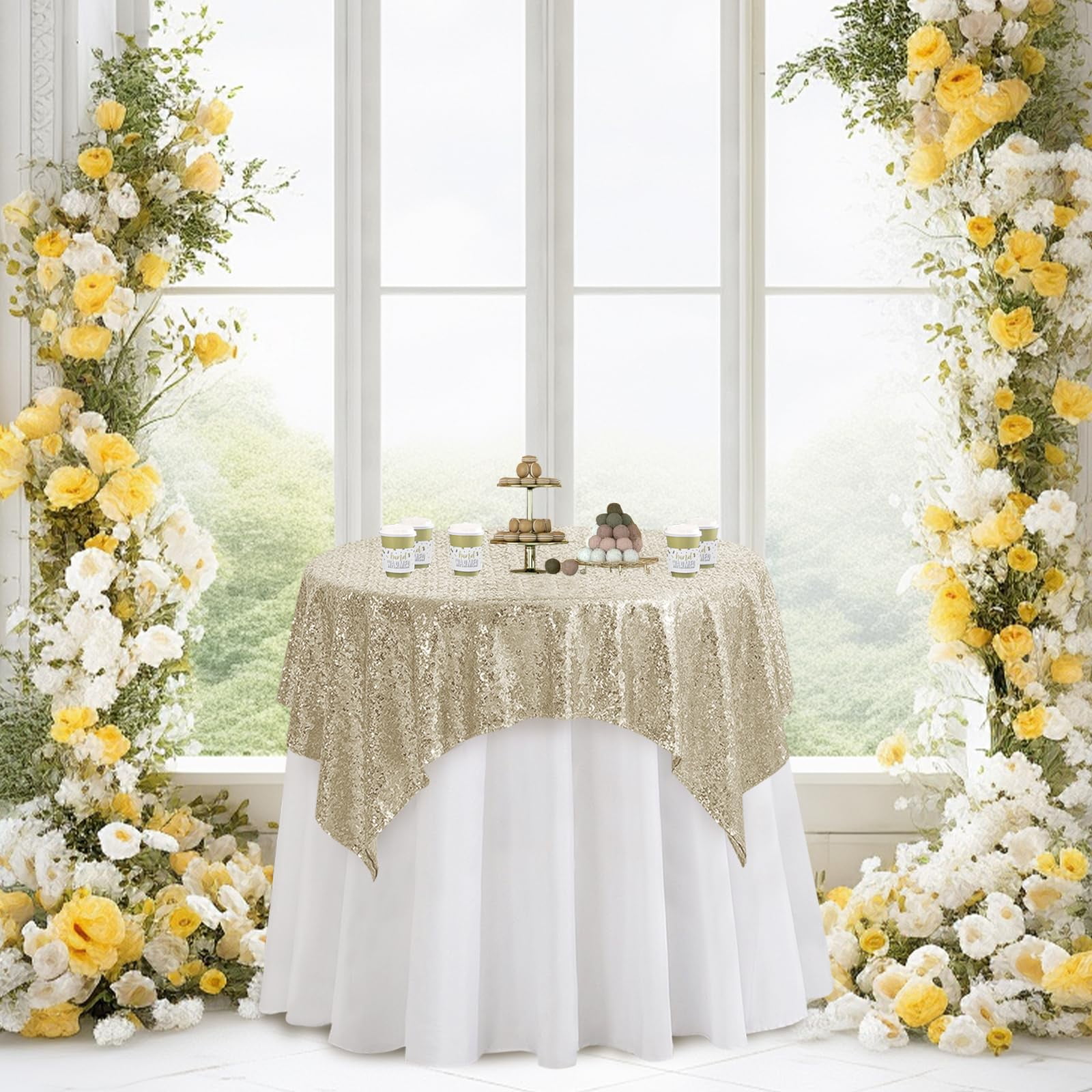 KINNO Square Champagne Sequin Tablecloth- 50x50 inch, Seamless Sparkle ...